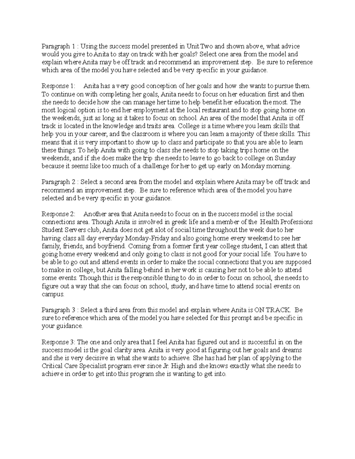 Unit 4 writing assignment #2 - Paragraph 1 : Using the success model ...