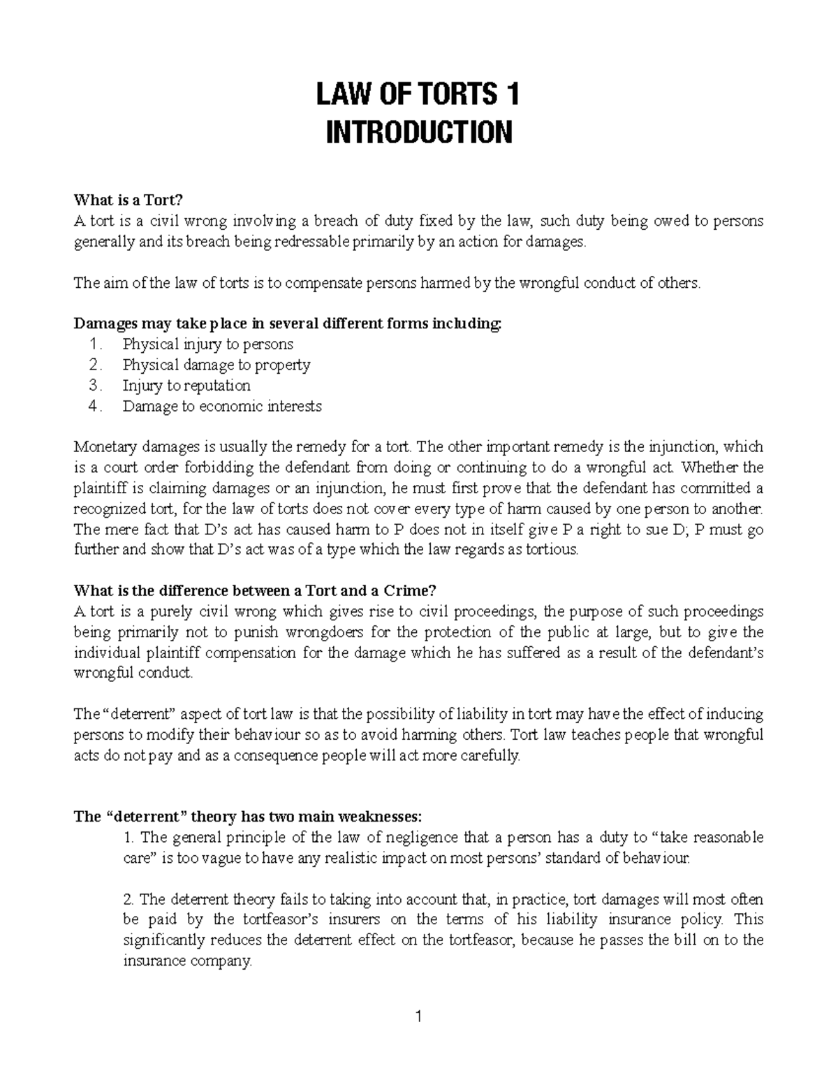 Law Of Torts I Notes [144] Law Of Torts 1 Introduction What Is A Tort