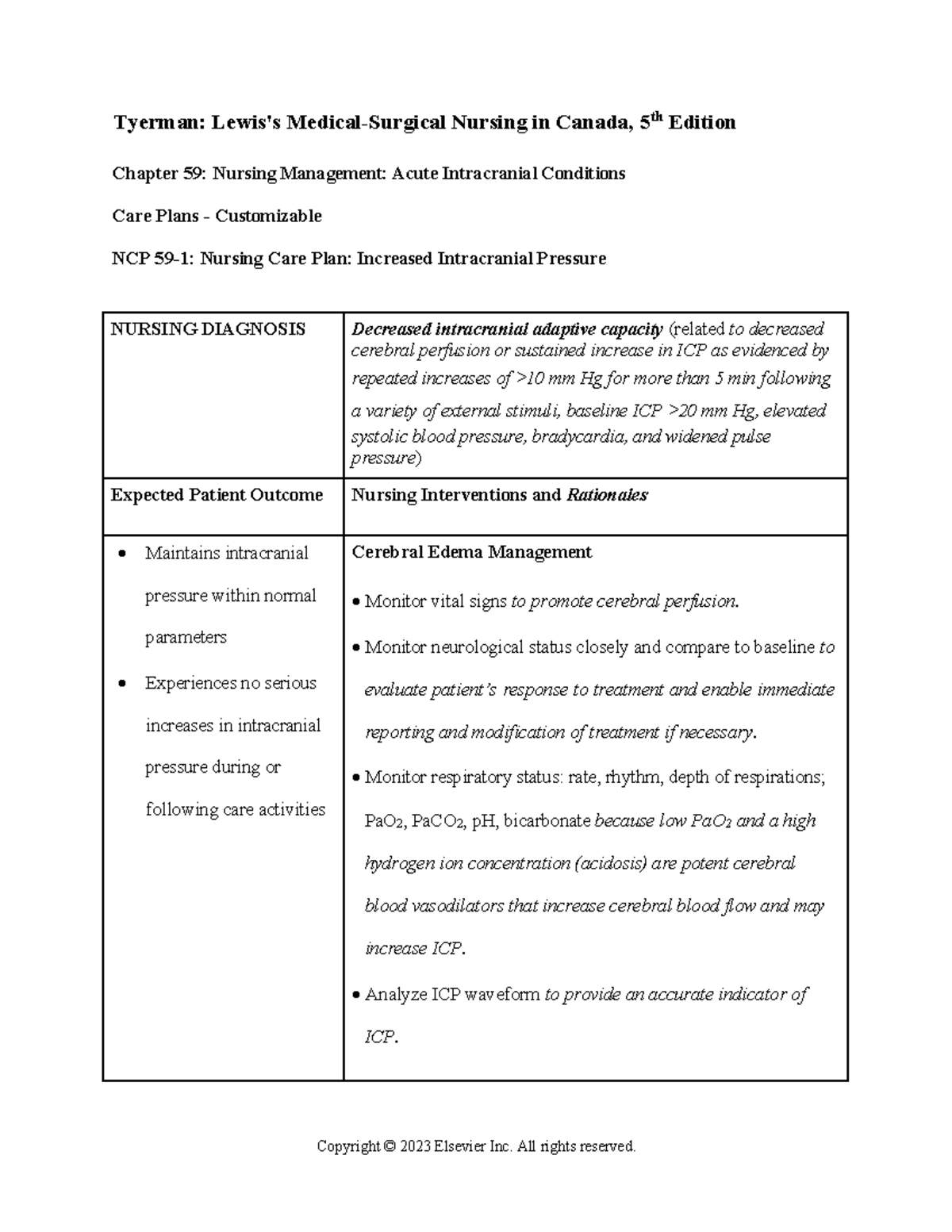 Increased ICP - nursing care plan - Tyerman: Lewis's Medical-Surgical ...