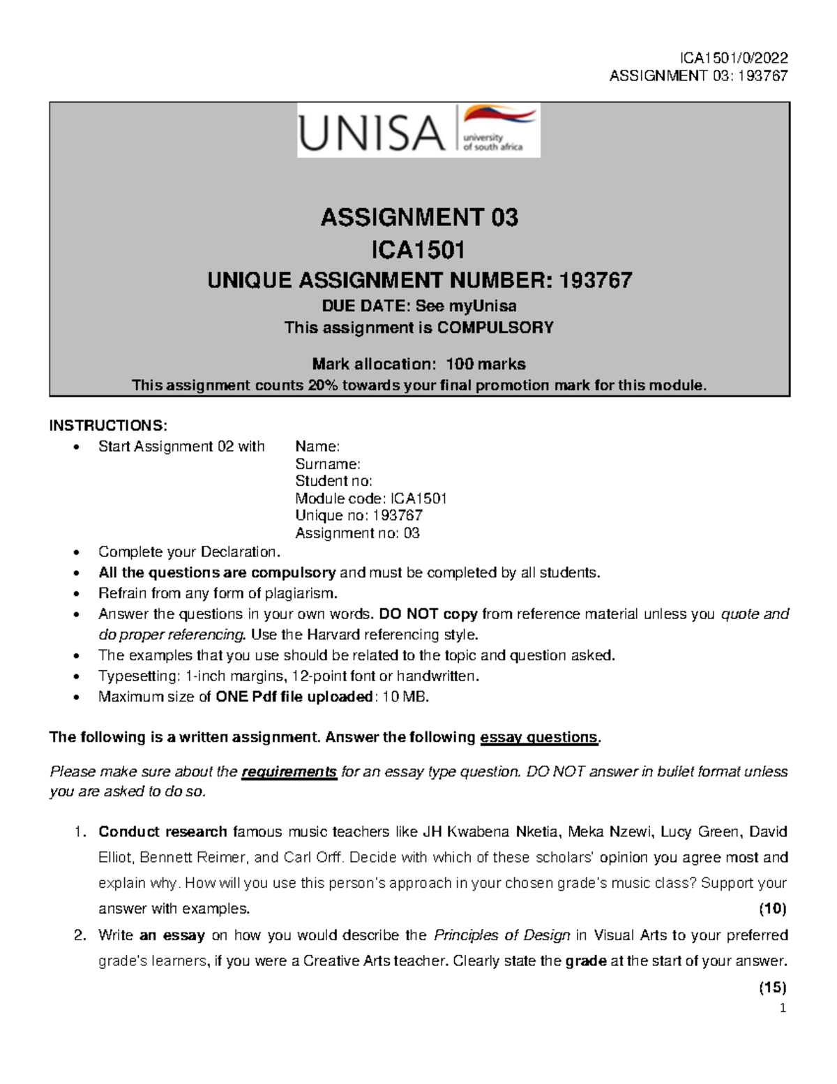 ICA1501 Assignment 03 193767 2022 c8eb33ac970b45ef7a7dedf4d4c43f7f ...