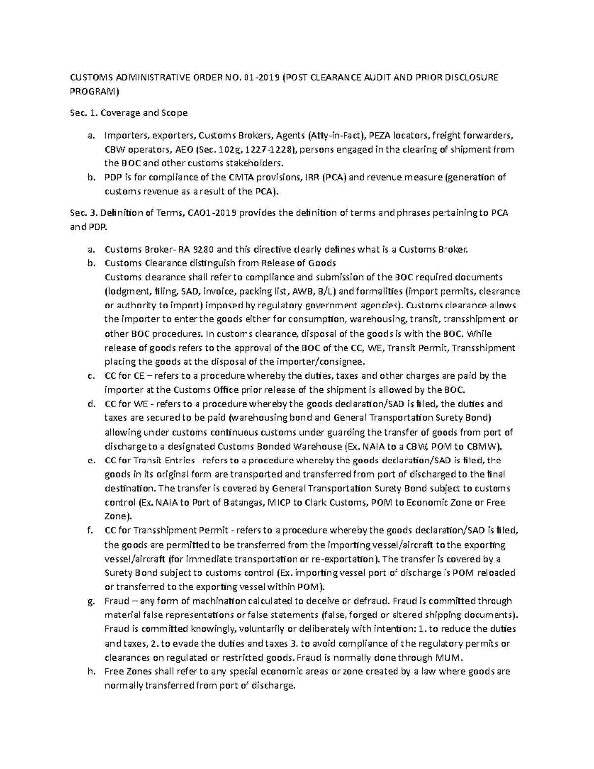 CAO PCA N PDP - mmmmm - CUSTOMS ADMINISTRATIVE ORDER NO. 01-2019 (POST ...