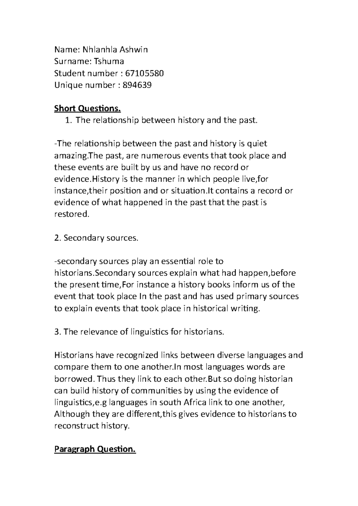 History assignment 2 - Name: Nhlanhla Ashwin Surname: Tshuma Student ...