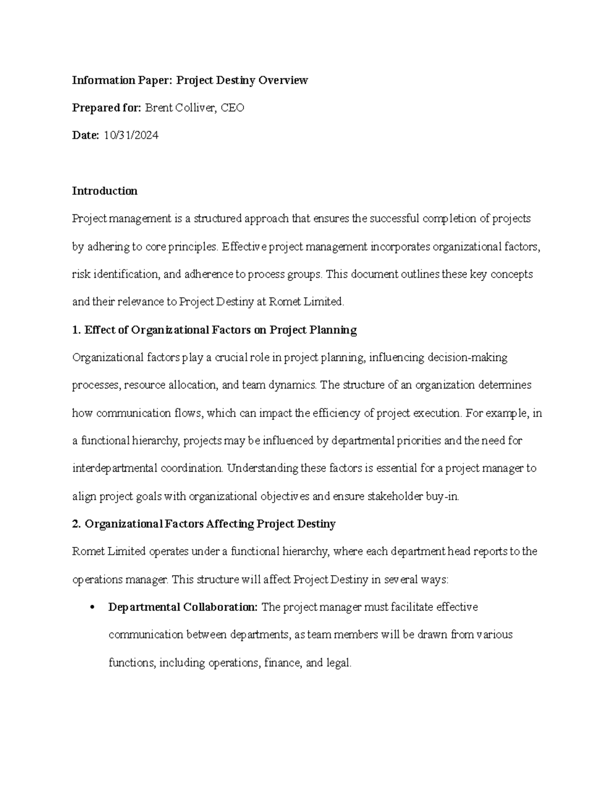 QSO 345 Information Paper - Information Paper: Project Destiny Overview ...