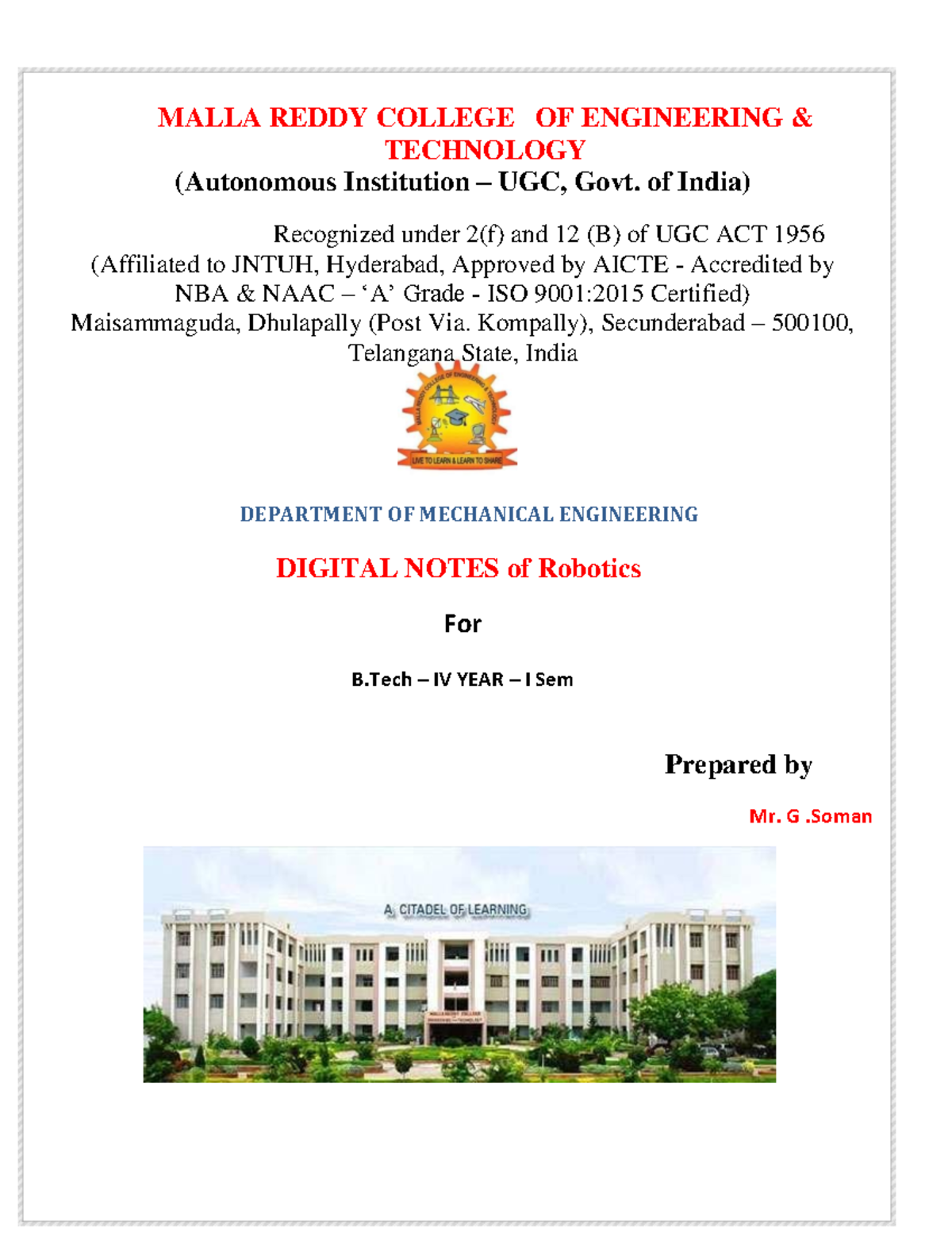 Robotics - MALLA REDDY COLLEGE OF ENGINEERING & TECHNOLOGY (Autonomous ...