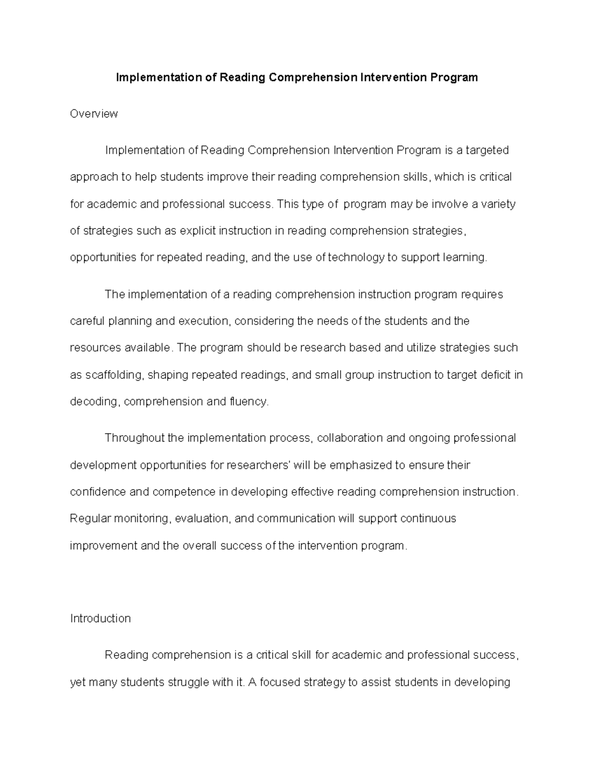 Output Proposed - Implementation of Reading Comprehension Intervention ...