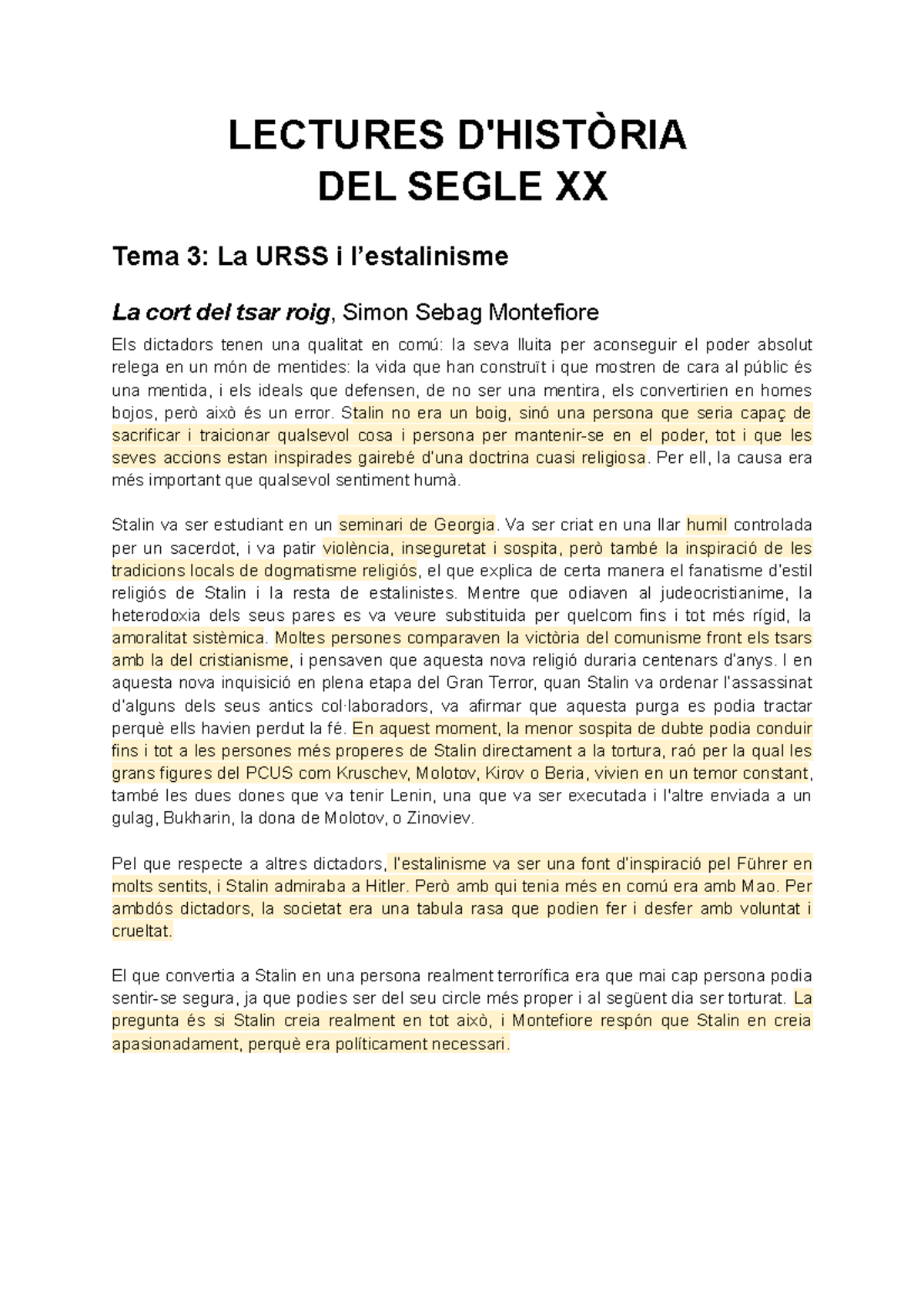 Lectura La cort del tsar roig - LECTURES D'HISTÒRIA DEL SEGLE XX Tema 3: La URSS i l’estalinisme ...