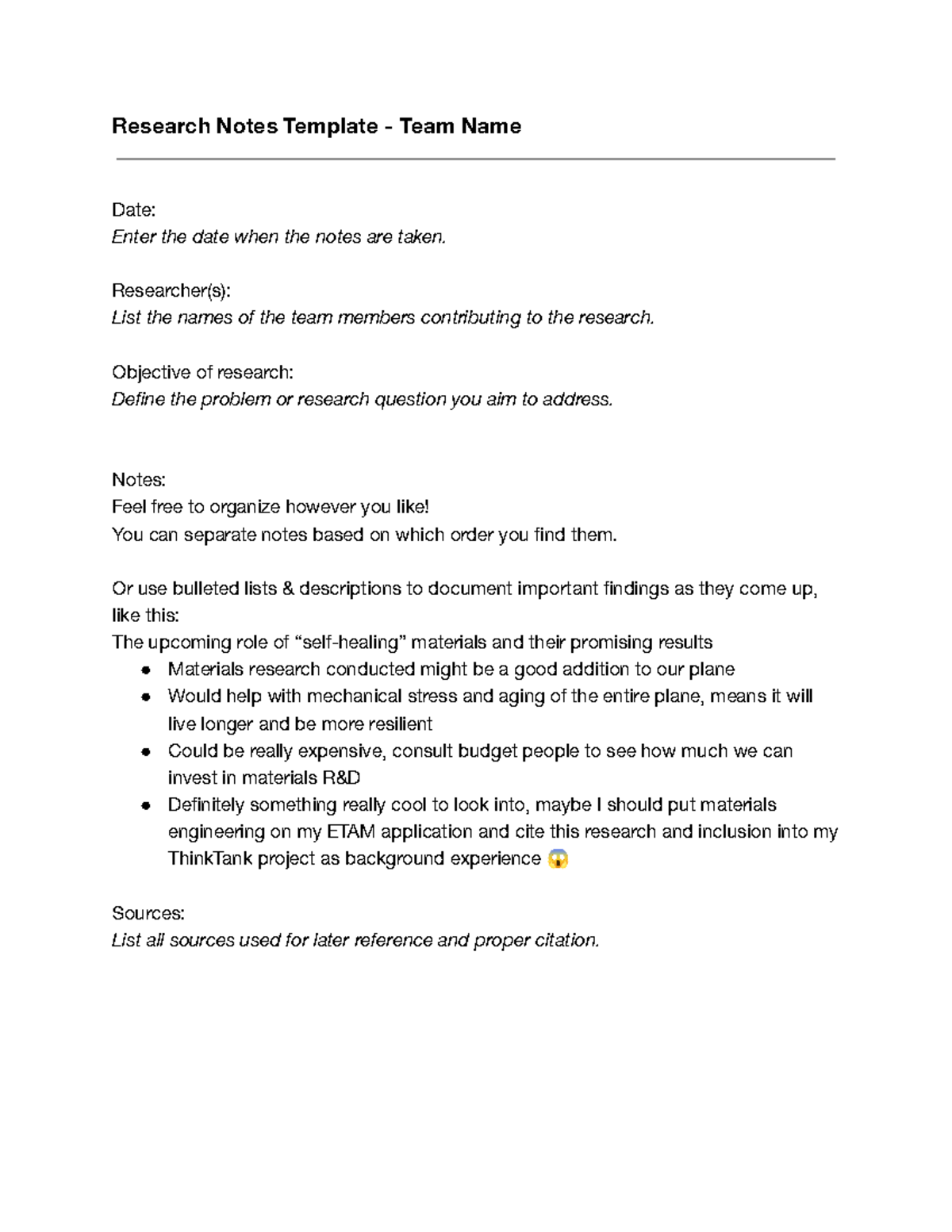 Research Notes Template - Researcher(s): List the names of the team ...