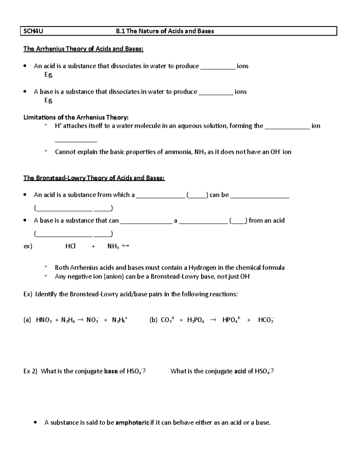 8 - acids and bases - SCH4U 8 The Nature of Acids and Bases The ...