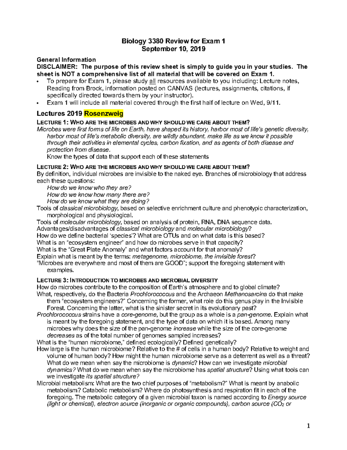 BIOL3380 Exam1 Review - Biology 3380 Review for Exam 1 September 10, 2019 General Information ...