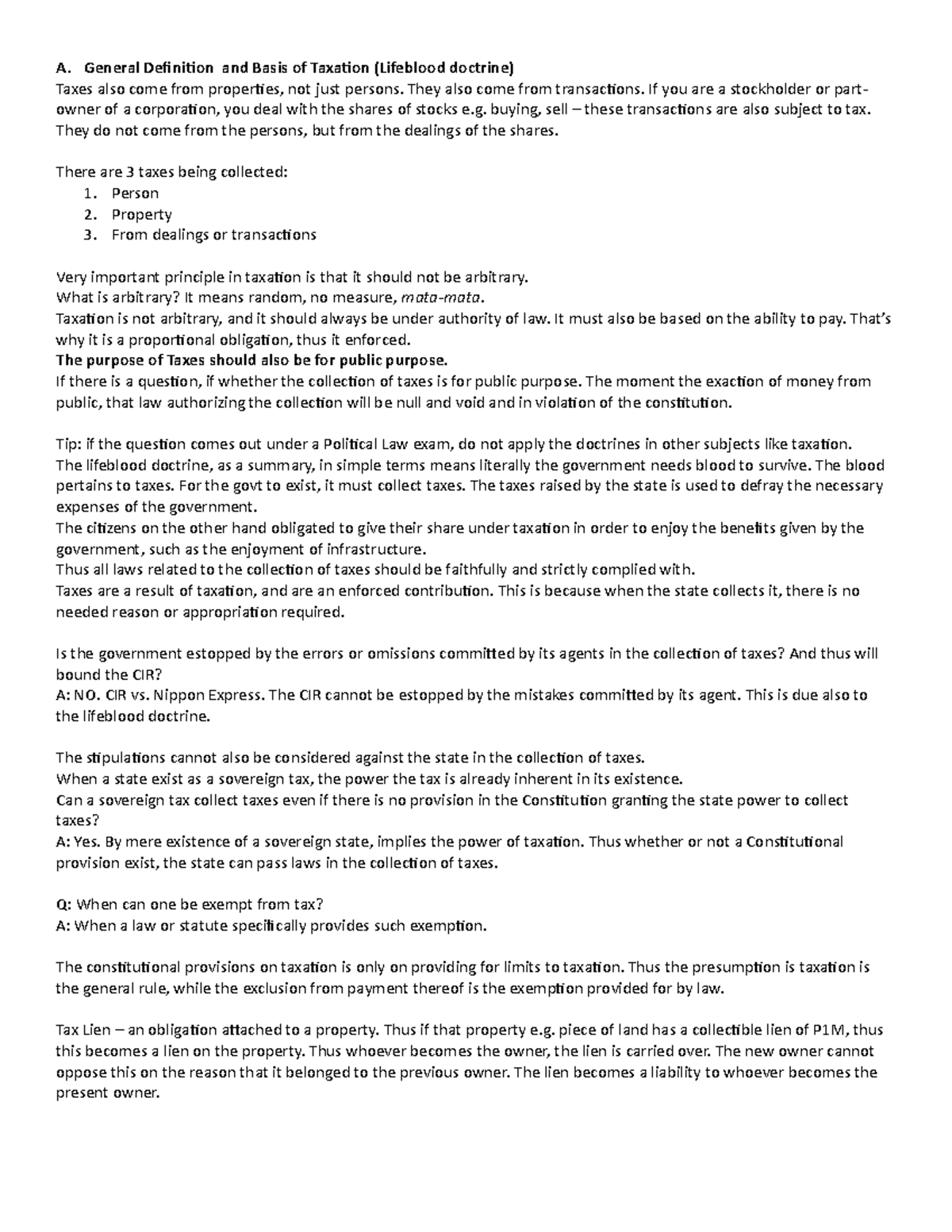 Taxation Law 1 - Lectures by Atty. Dumalagan - A. General Definition ...