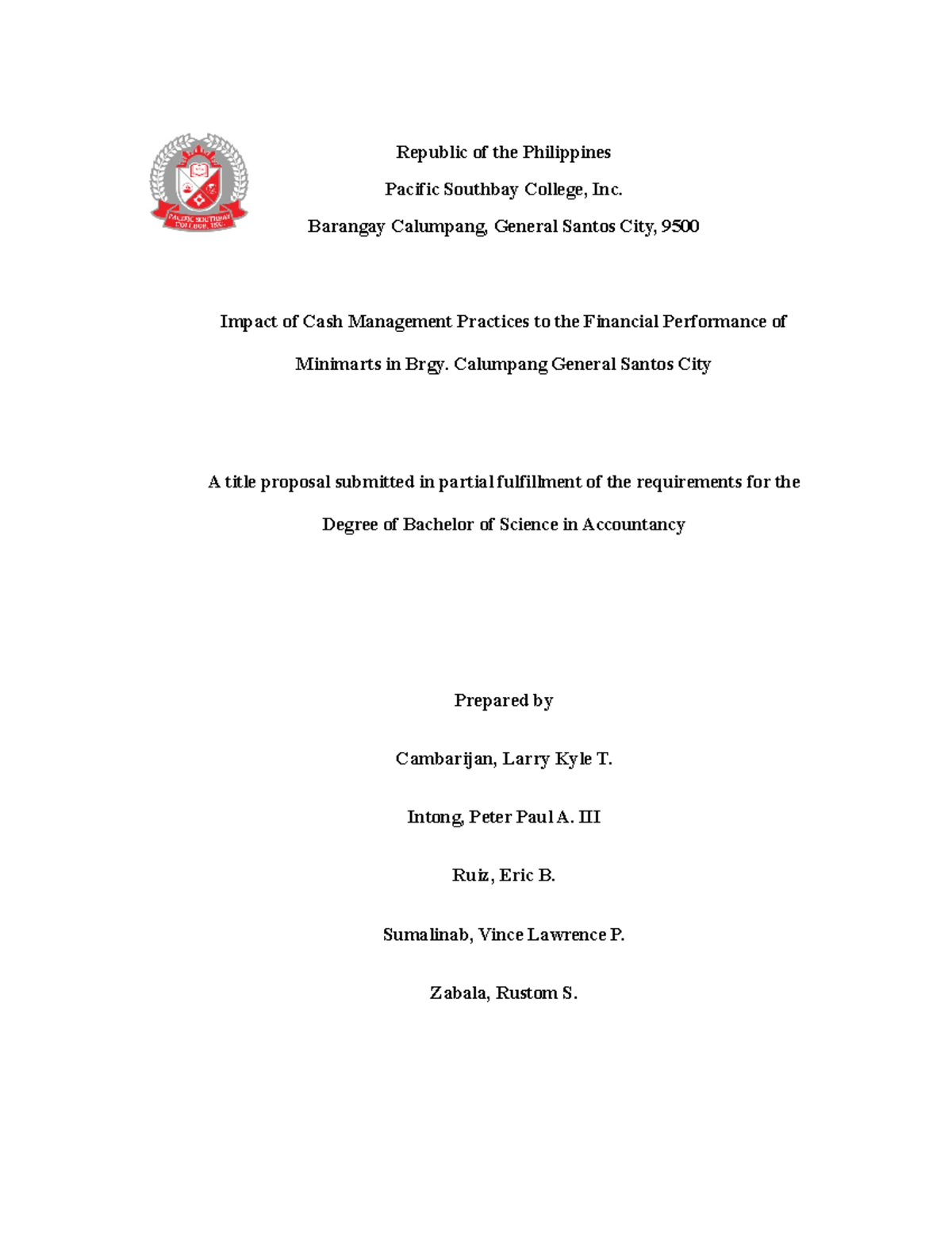 Cash management thesis Republic Of The Philippines Pacific Southbay 