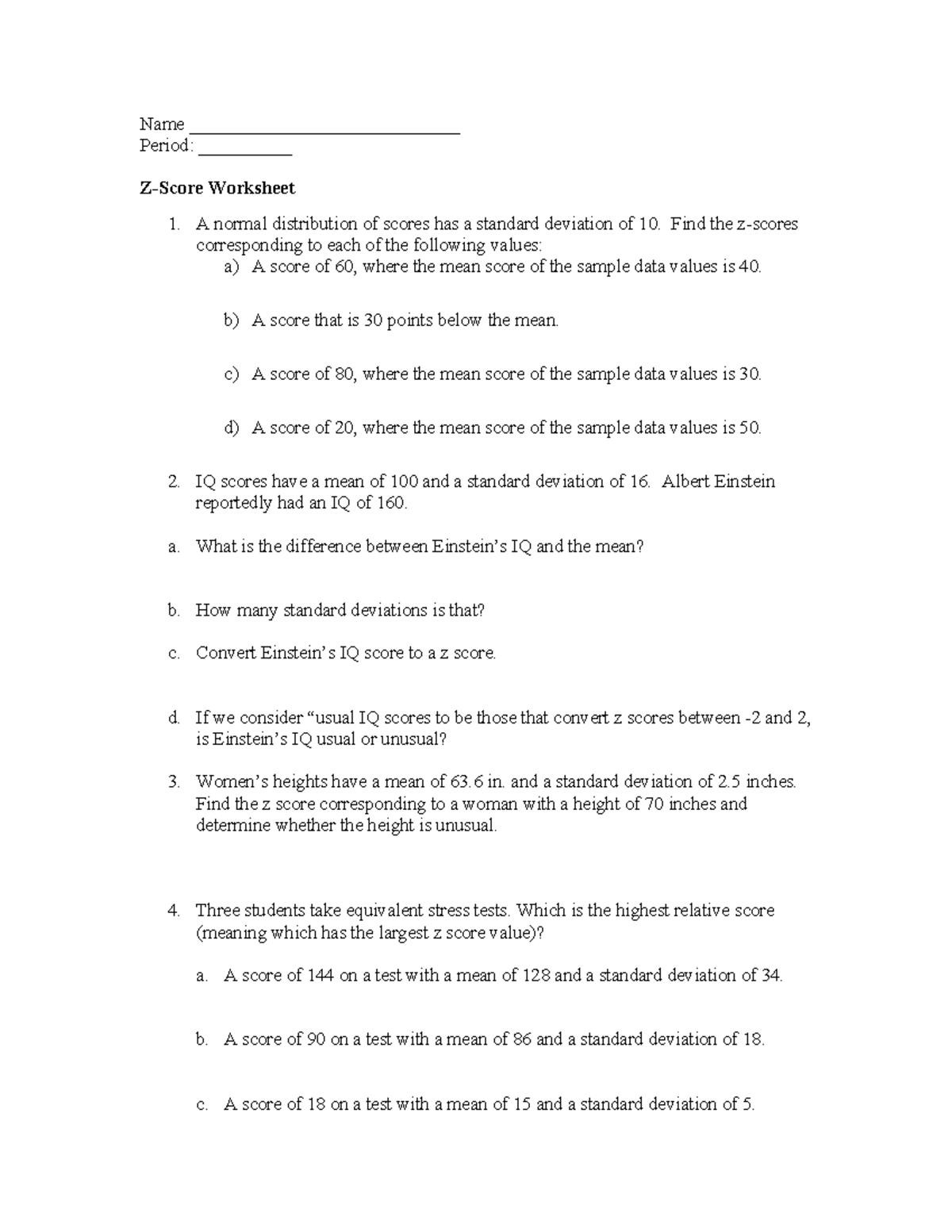 Z-Score Worksheet - z score sheet - Name ...