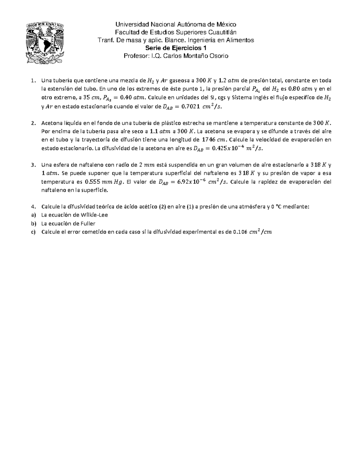 Serie de ejercicios 1 Tranf masa y aplic balance 2024-II - Universidad ...