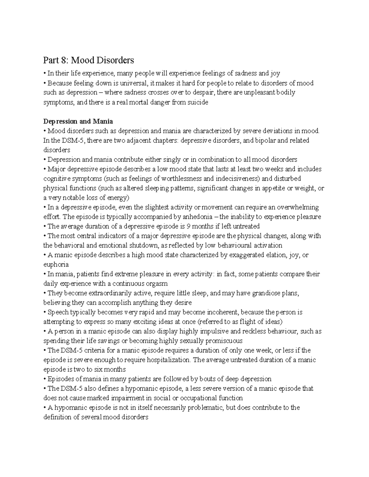 Part 8 Mood Disorders - Notes for part 8 - Part 8: Mood Disorders • In ...