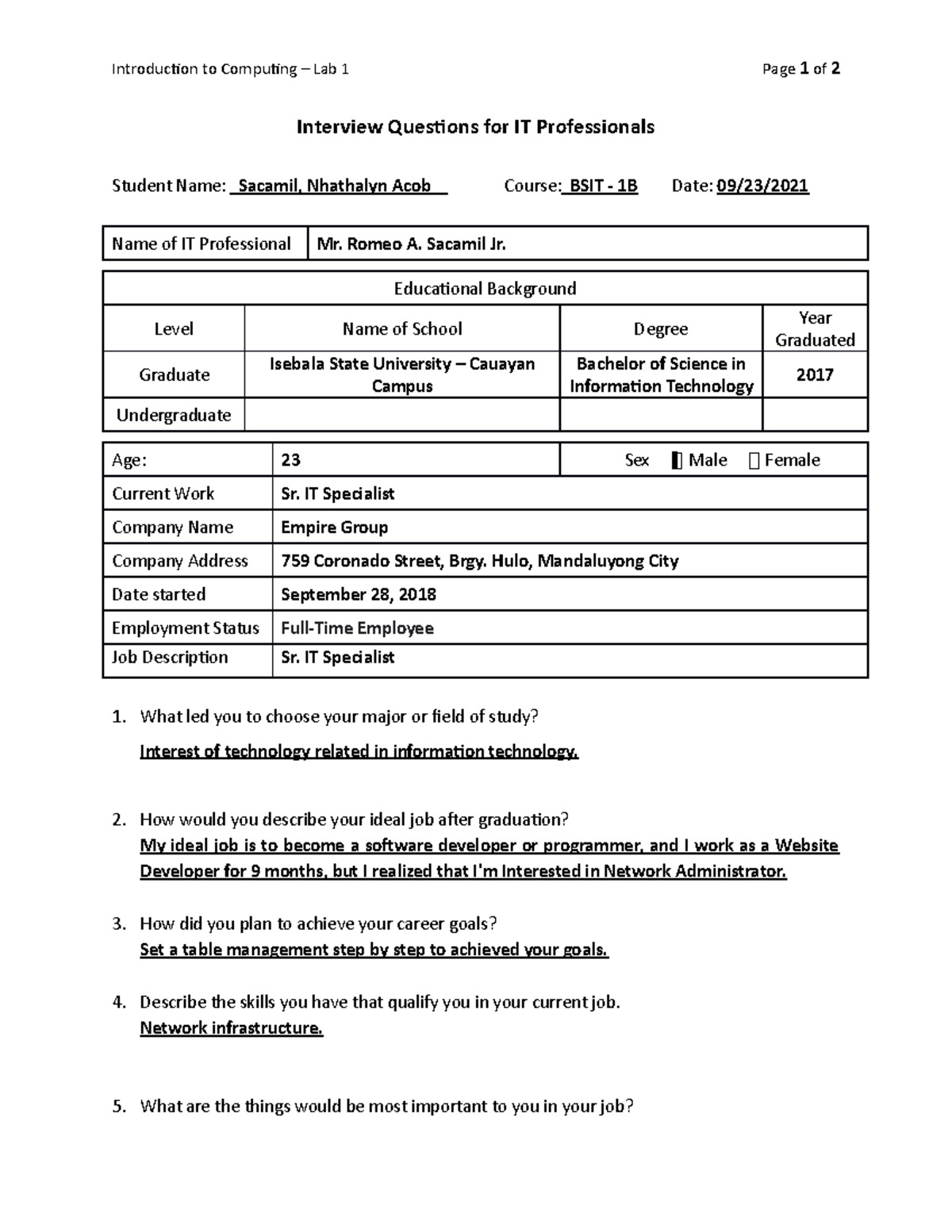 Interview - Introduction to Computing – Lab 1 Page 1 of 2 Interview ...