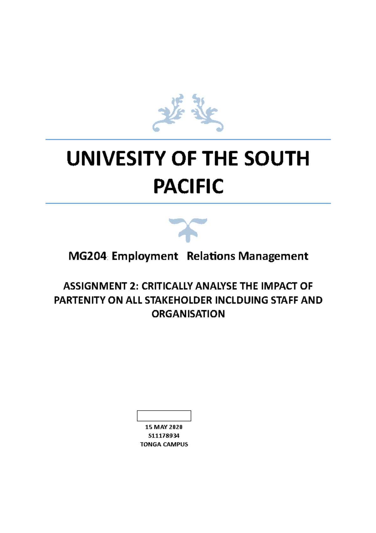 Draft MG204-due - MG 204 Assignment Due - UNIVESITY OF THE SOUTH ...