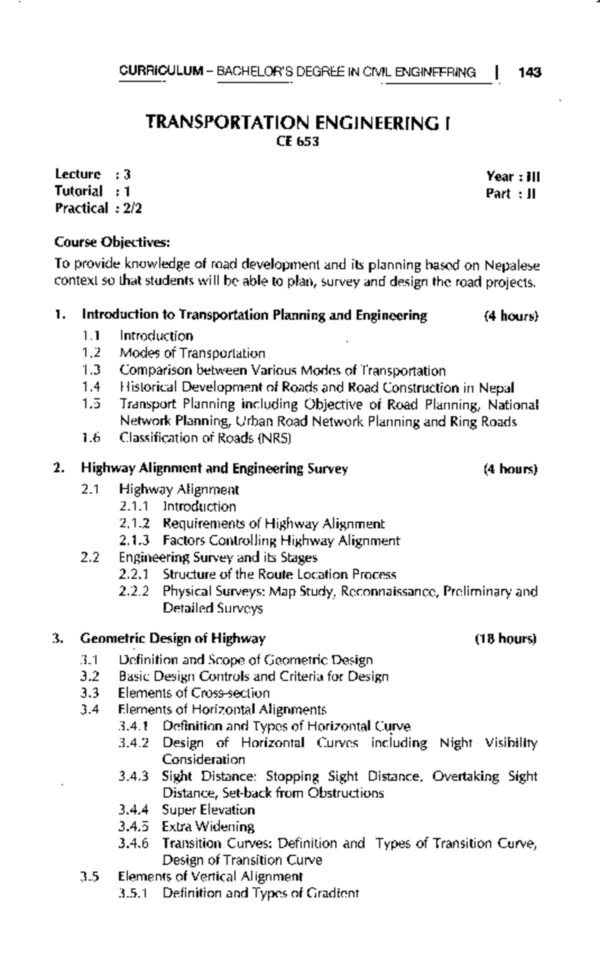 Course outline transportation engineering - CURRICULUM - BACHELOR'S ...