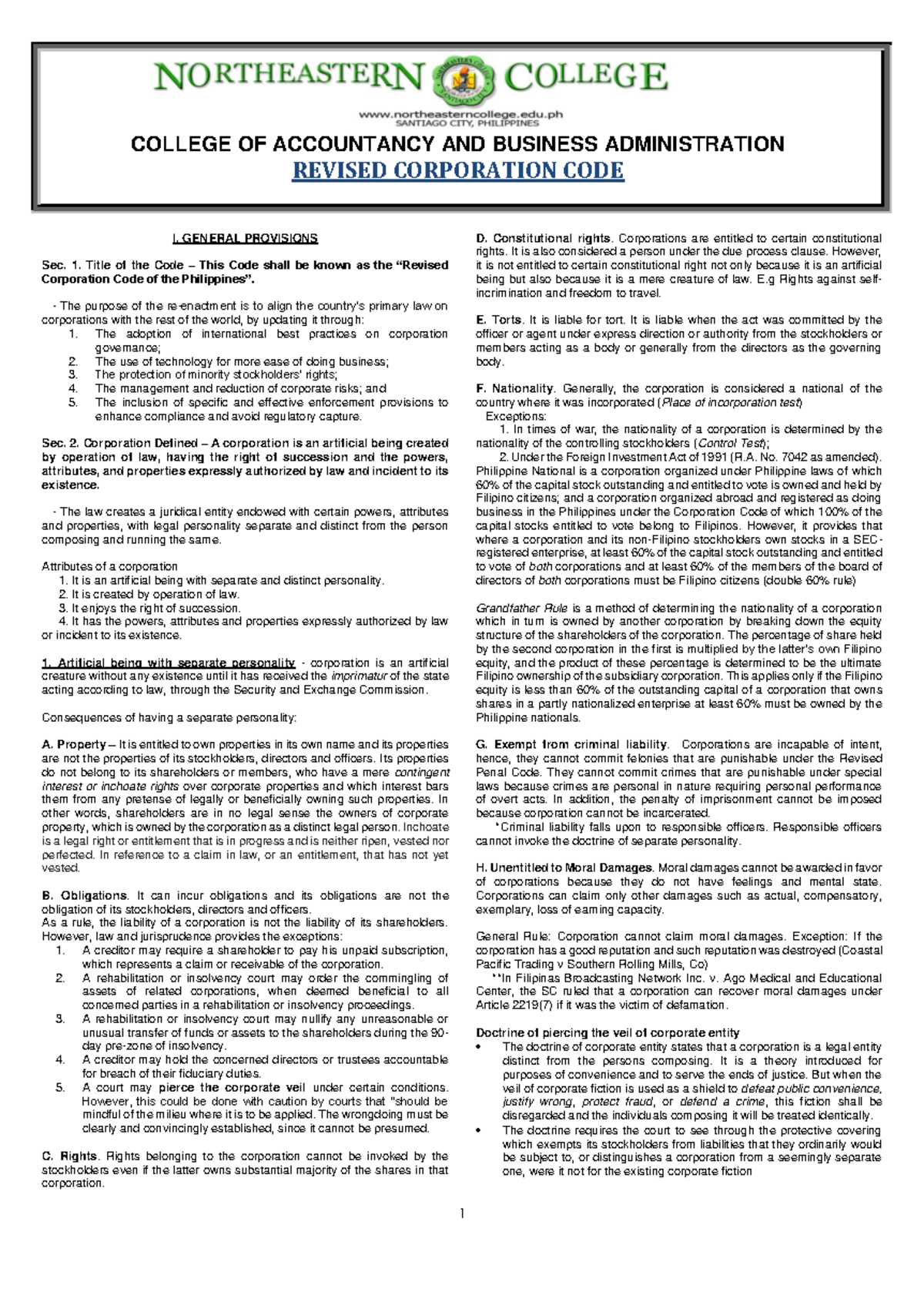 1 - Lecture notes - COLLEGE OF ACCOUNTANCY AND BUSINESS ADMINISTRATION ...