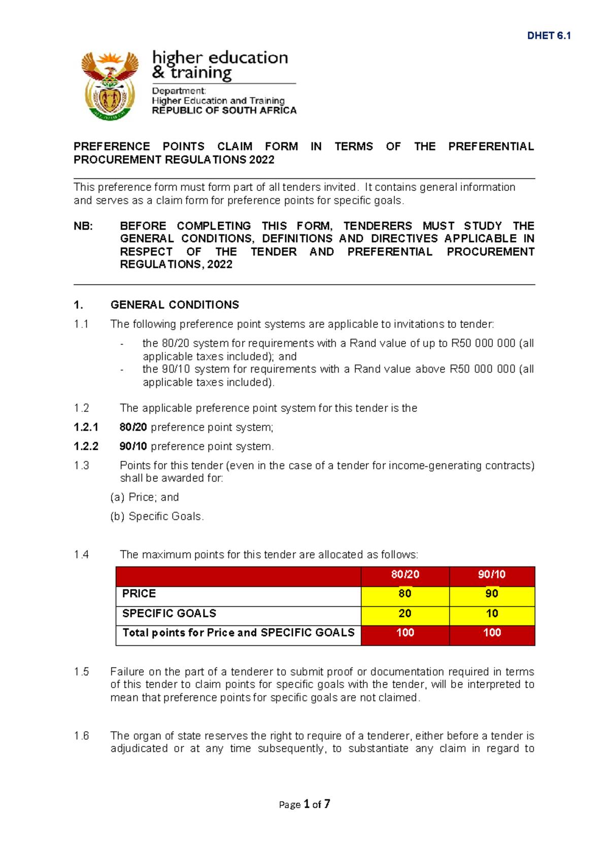 SBD 6.1 - 1 March 2024 - None - DHET 6. PREFERENCE POINTS CLAIM FORM IN TERMS OF THE ...