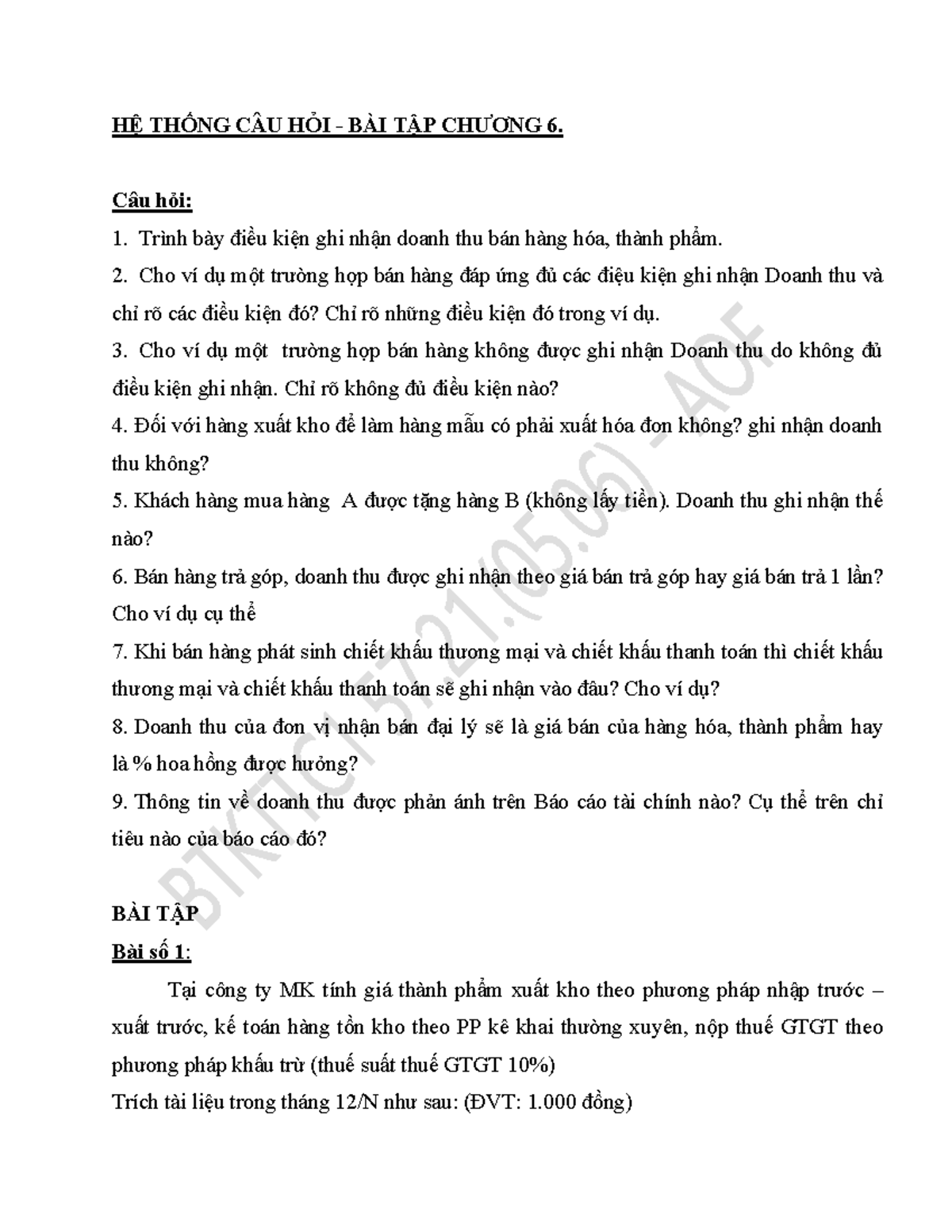 BT C6. LLY - Bài tập chương 6 - HỆ THỐNG CÂU HỎI - BÀI TẬP CHƯƠNG 6. Câu hỏi: Trình bày điều ...