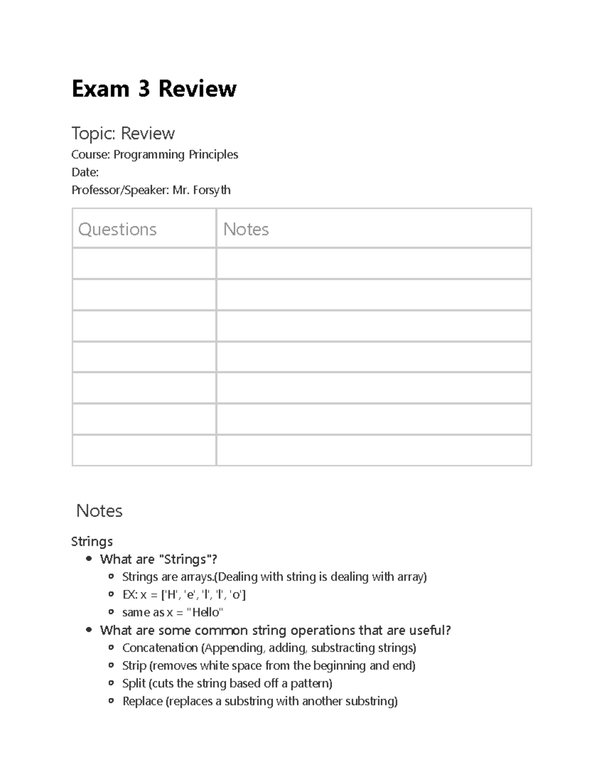 Exam 3 Review - William Forsyth - Exam 3 Review Topic: Review Course ...