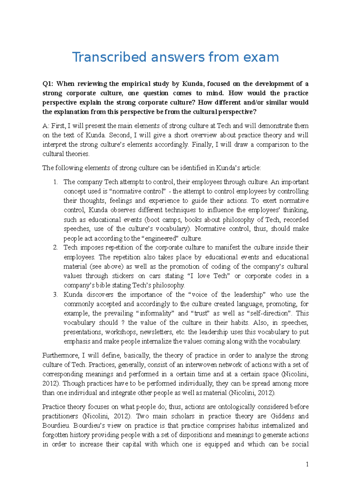 Transcribed answers from past exam - Transcribed answers from exam Q1 ...