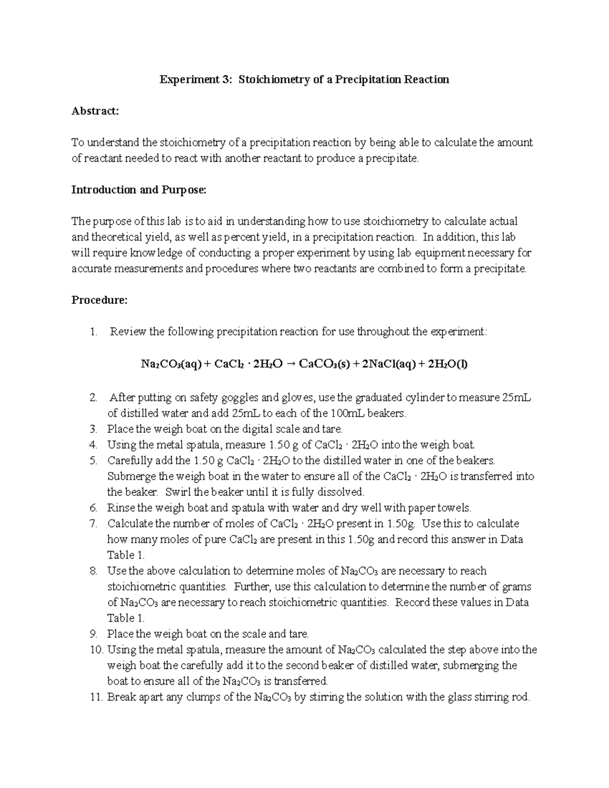 Stoichiometry of a Precipitation Reaction - Introduction and Purpose ...