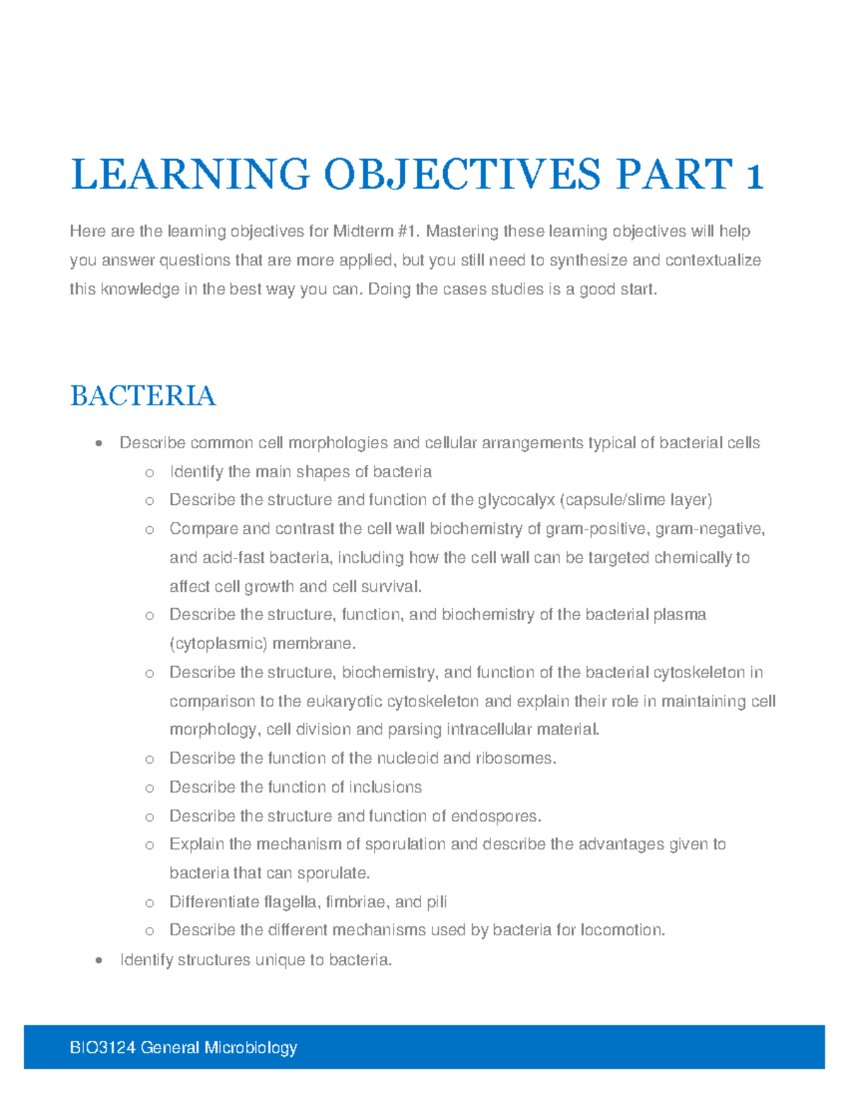 Learning objectives 2023 - BIO3124 General Microbiology LEARNING OBJECTIVES PART 1 Here are the ...