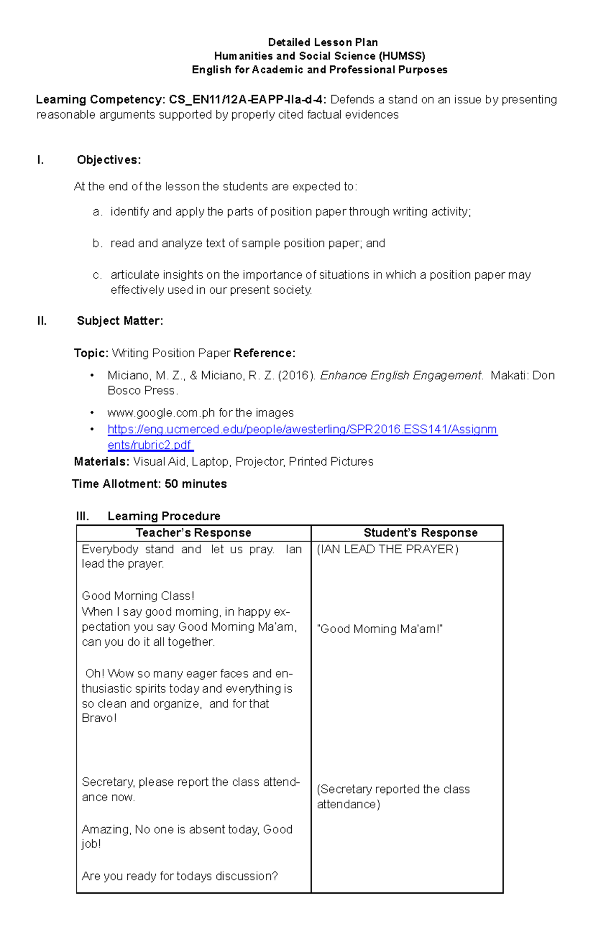 Detailed Lesson Plan Position Paper-1 - Detailed Lesson Plan Humanities ...