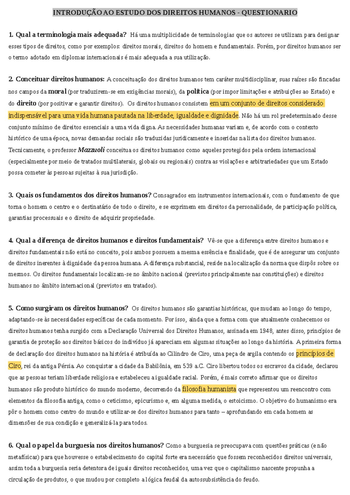 Questionário - Questionário - Direitos Humanos - INTRODUÇÃO AO ESTUDO ...