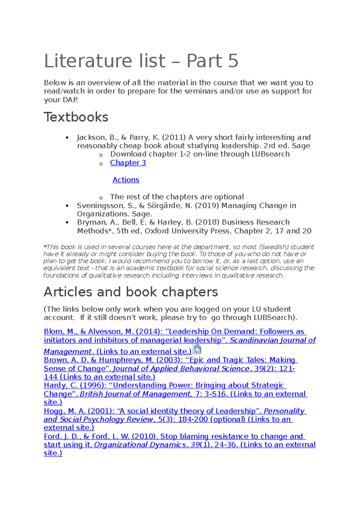 Literature list Part 5 - Literature list – Part 5 Below is an overview ...