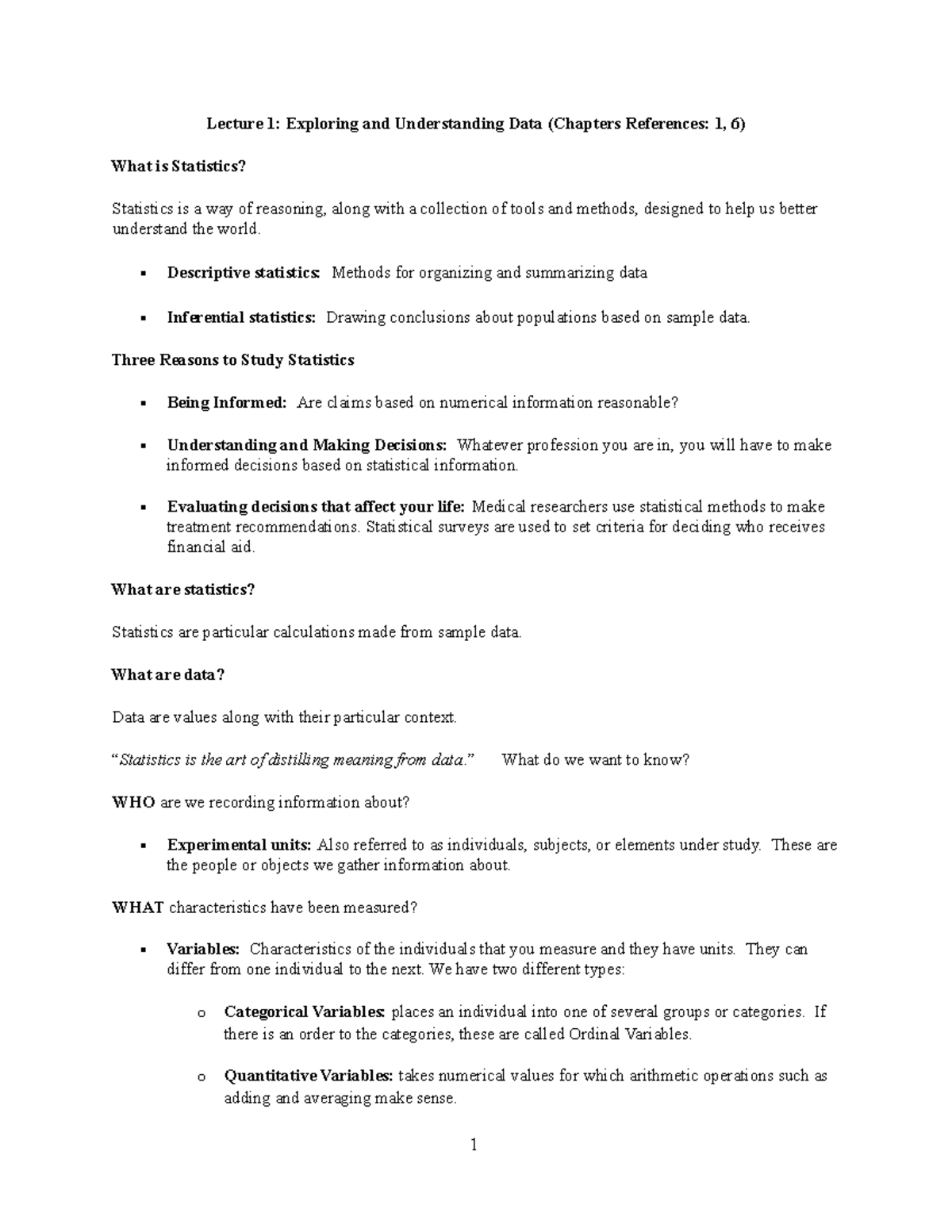 Lecture 1 Notes stat-119 - Lecture 1: Exploring and Understanding Data ...