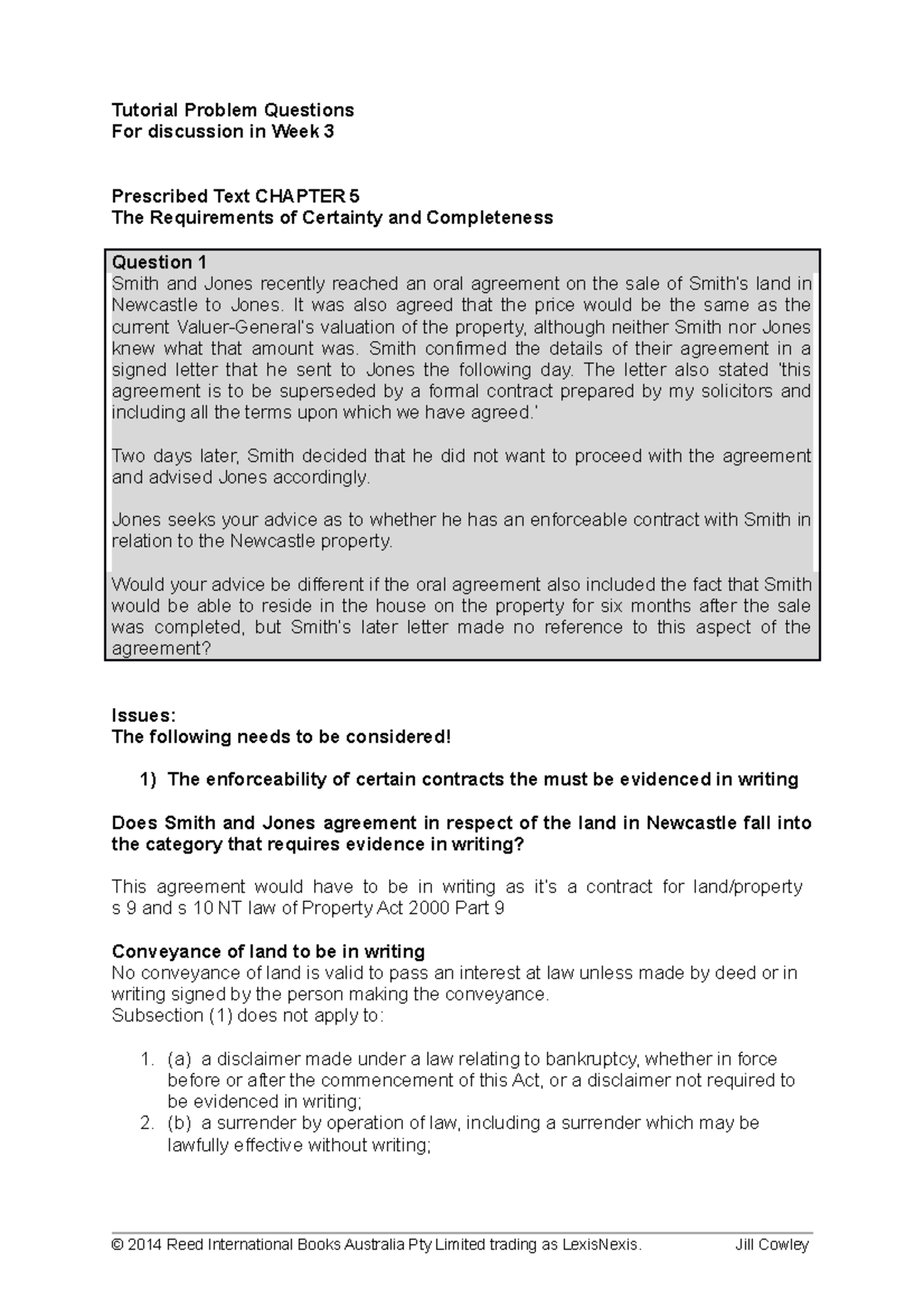 Tutorial Problems - Week 3 - Tutorial Problem Questions For discussion in Week 3 Prescribed Text ...