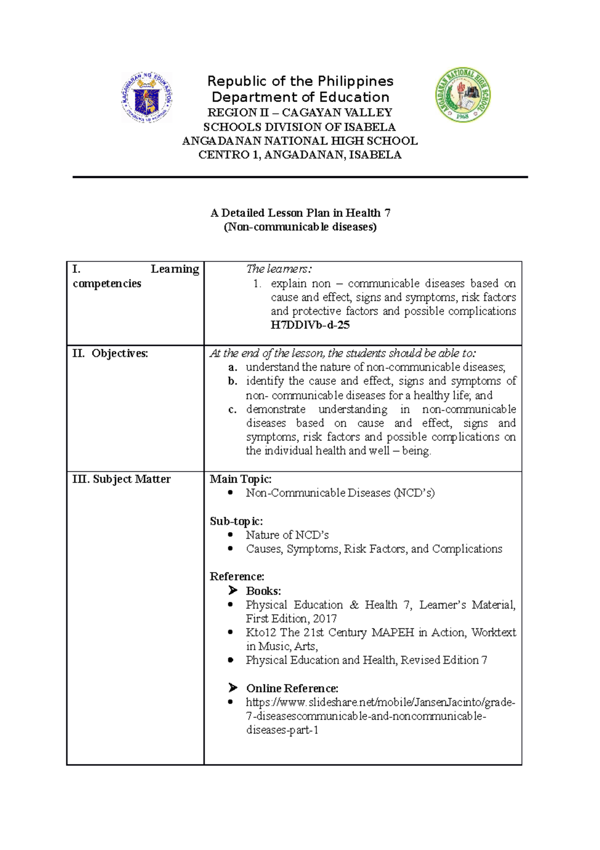 7. SEMI Detailed Health 7- NCD's 011406 - Republic of the Philippines ...