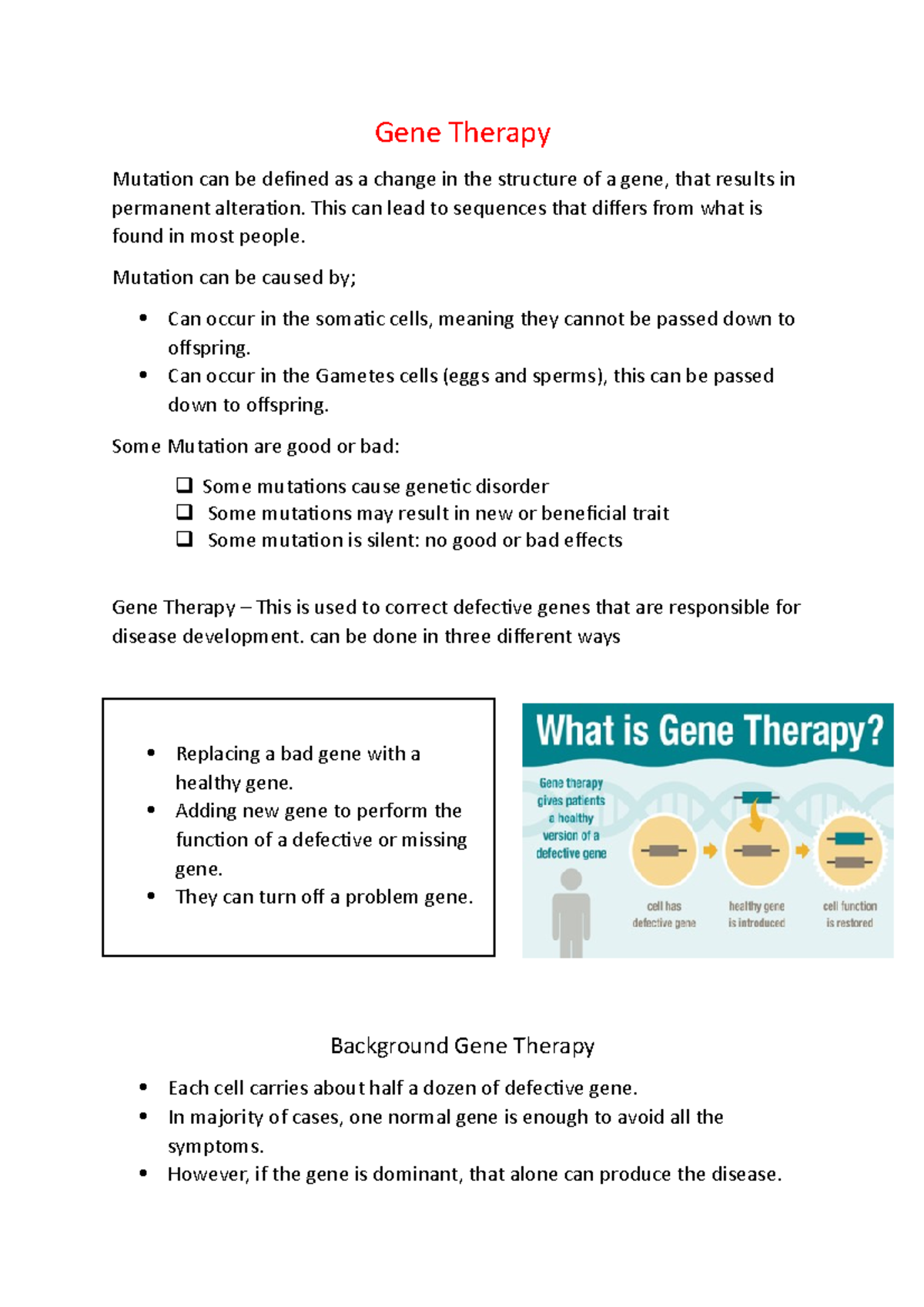 Gene Therapy lecture notes - Gene Therapy Mutation can be defined as a ...