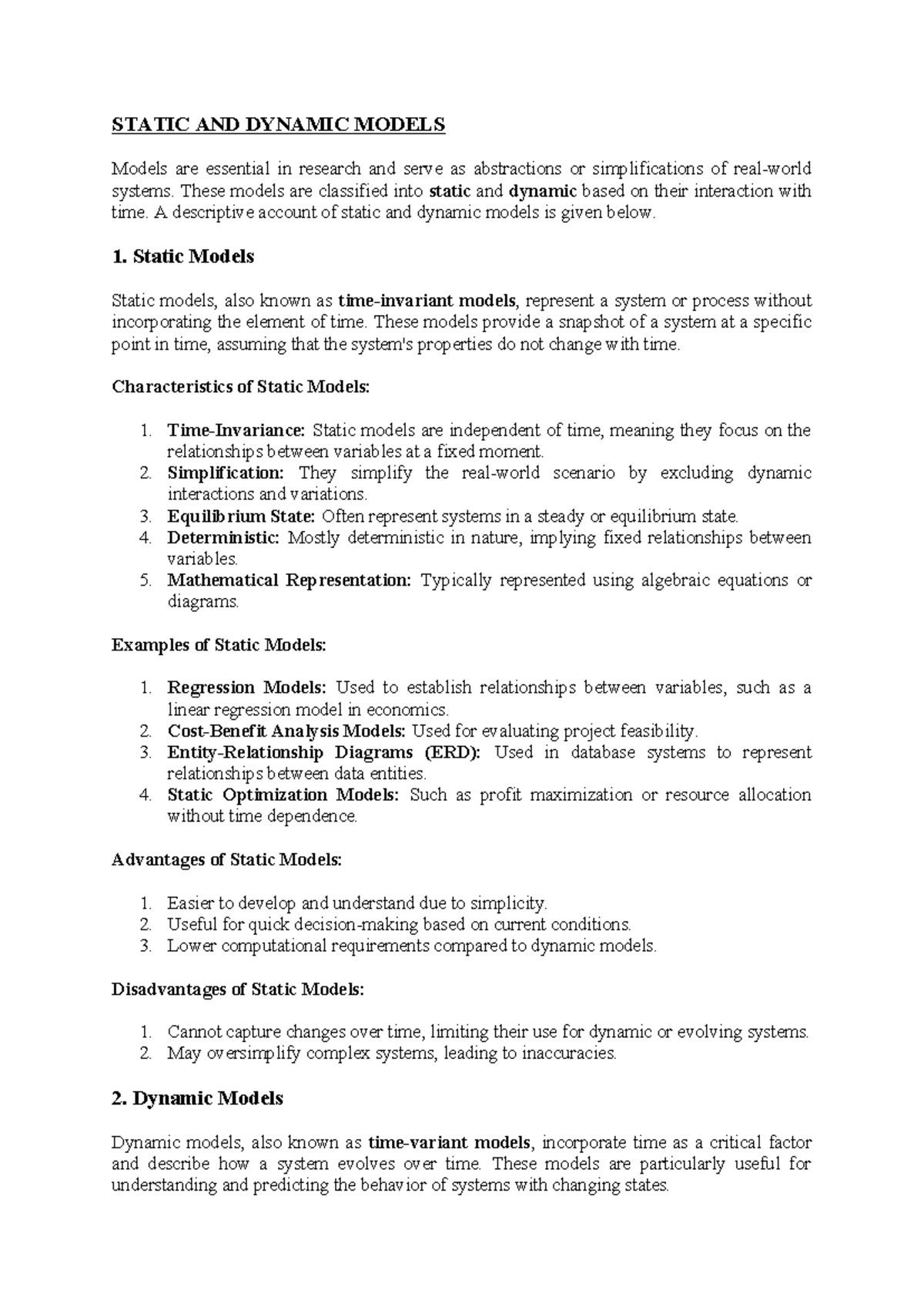 Static AND Dynamic Models - STATIC AND DYNAMIC MODELS Models are essential in research and serve ...