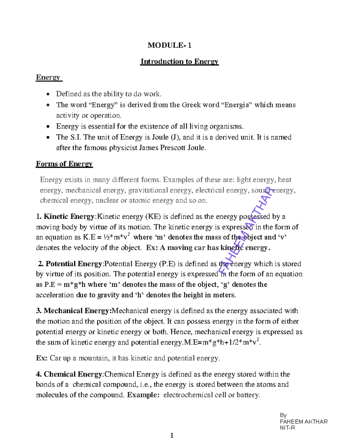 RES Module-1 - NOTES - MODULE- 1 Introduction to Energy Energy Defined ...