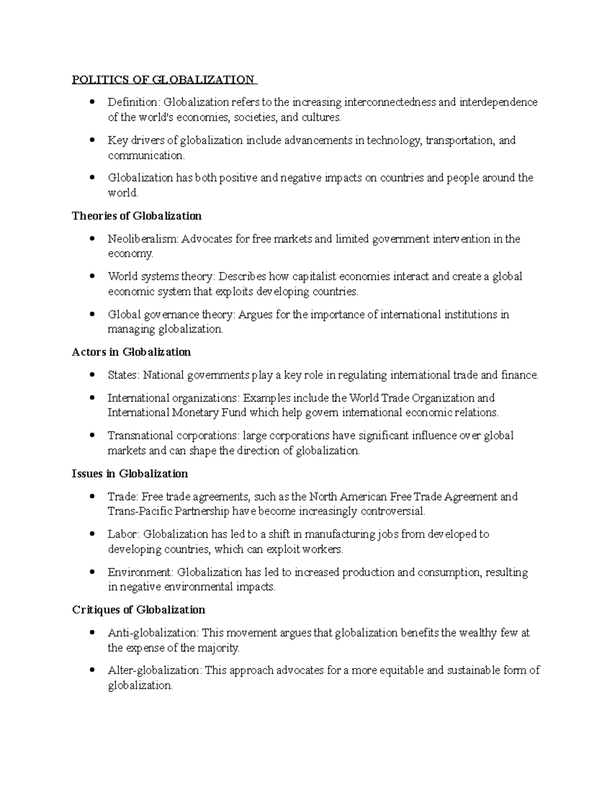 PCS Politics OF Globalization Notes 1 - POLITICS OF GLOBALIZATION ...