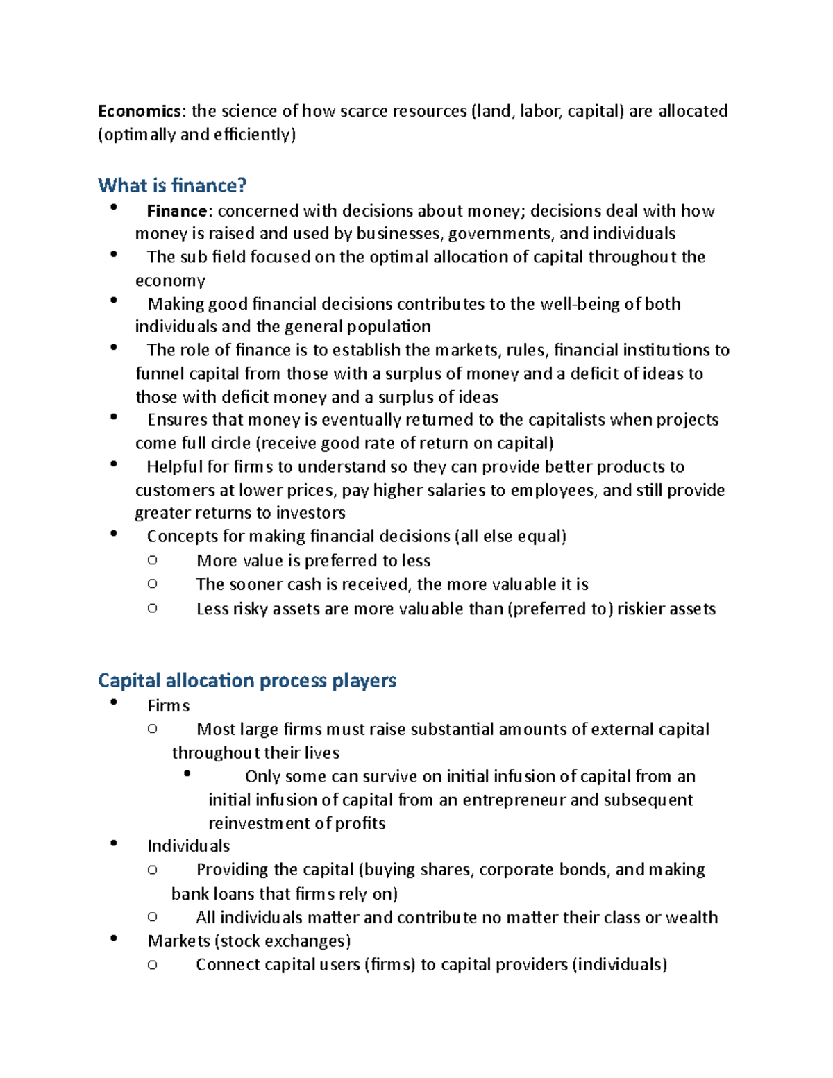 Ch. 1 notes finance - Economics : the science of how scarce resources ...