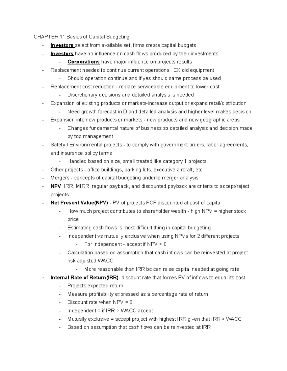 FIN 221 Chapter 11 Notes - CHAPTER 11 Basics of Capital Budgeting ...
