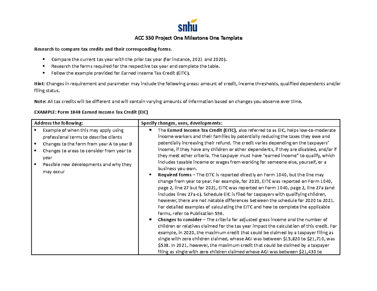 ACC 330 Project One Milestone One - Compare the current tax year with ...