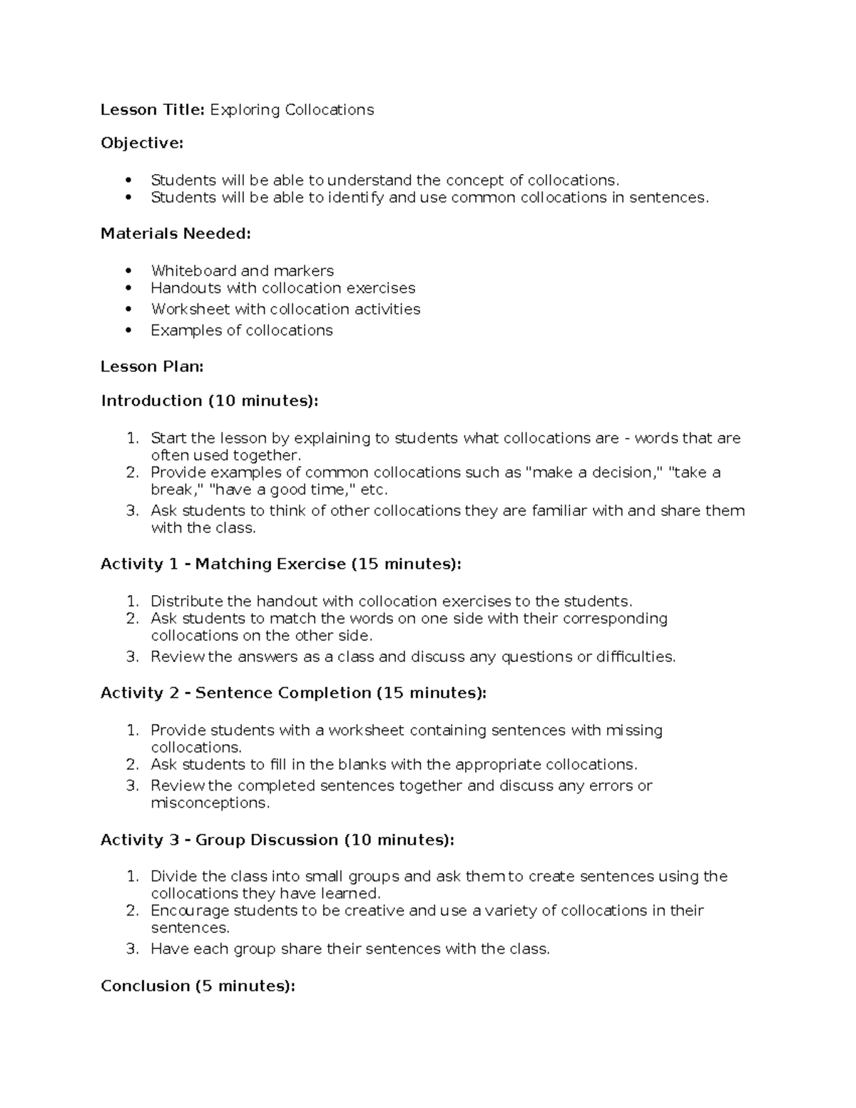 Exploring Collocations - Lesson Title: Exploring Collocations Objective ...
