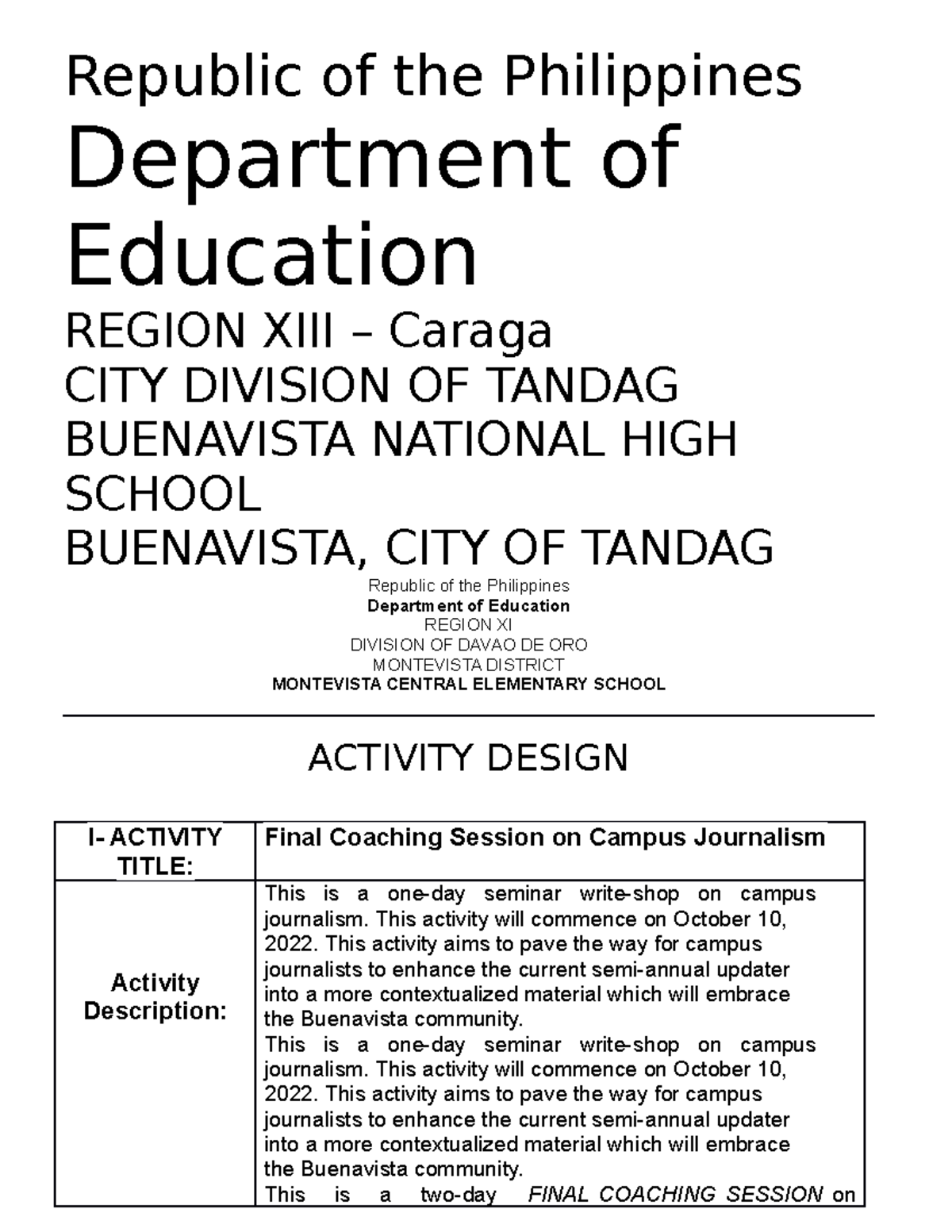 Activity Design - Final Coaching - DSPC - Republic of the Philippines ...