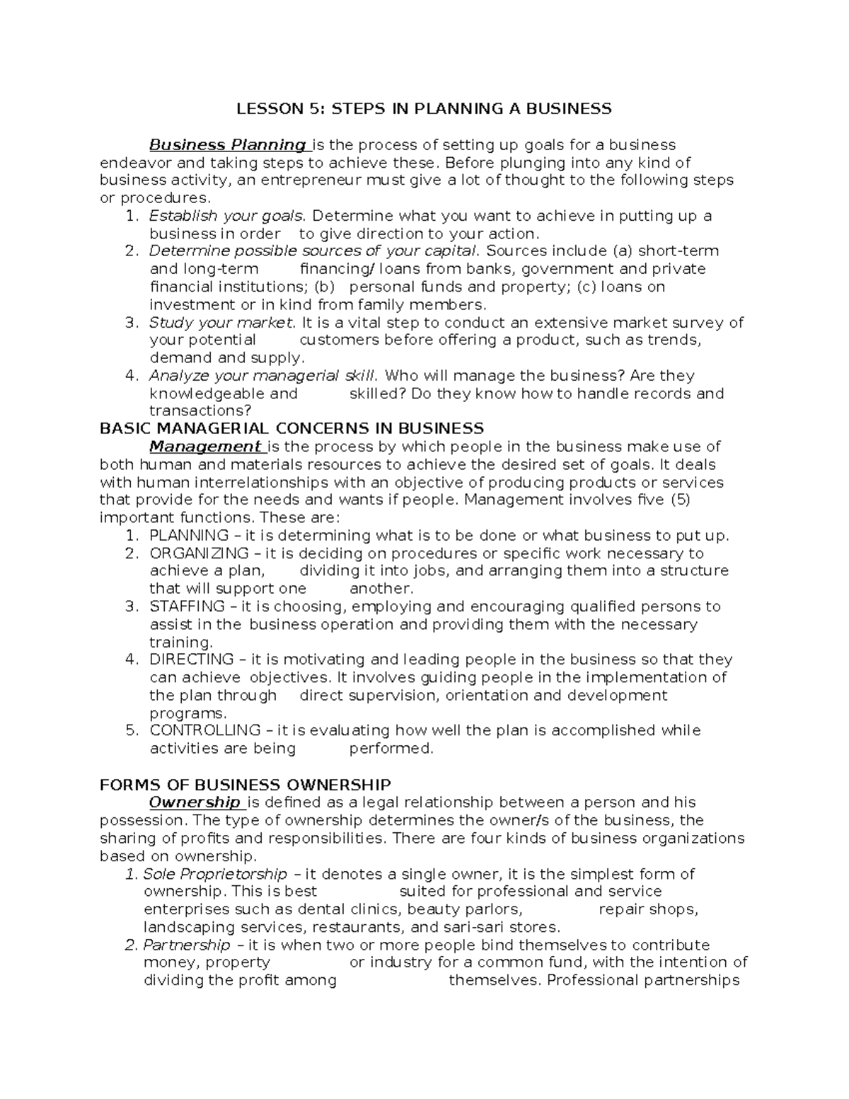 Entrep module - NONE - LESSON 5: STEPS IN PLANNING A BUSINESS Business ...