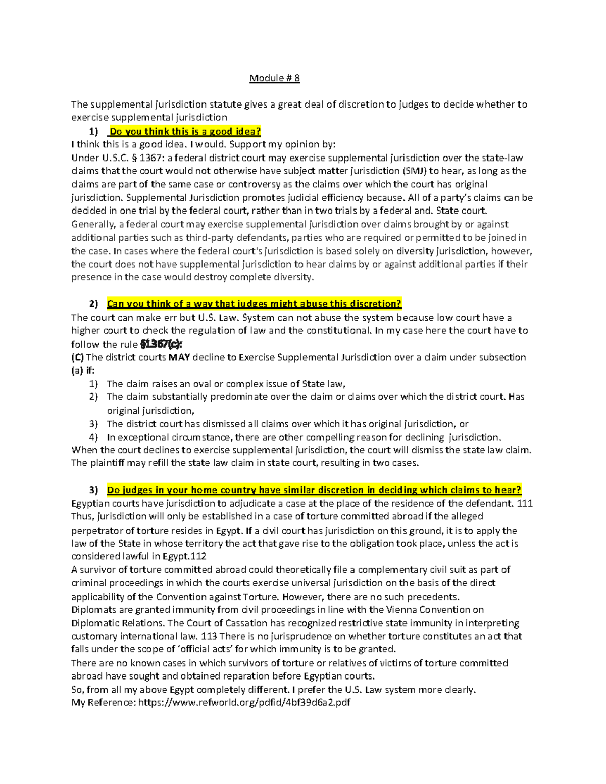 Practice Discussion - Module # 8 The supplemental jurisdiction statute ...