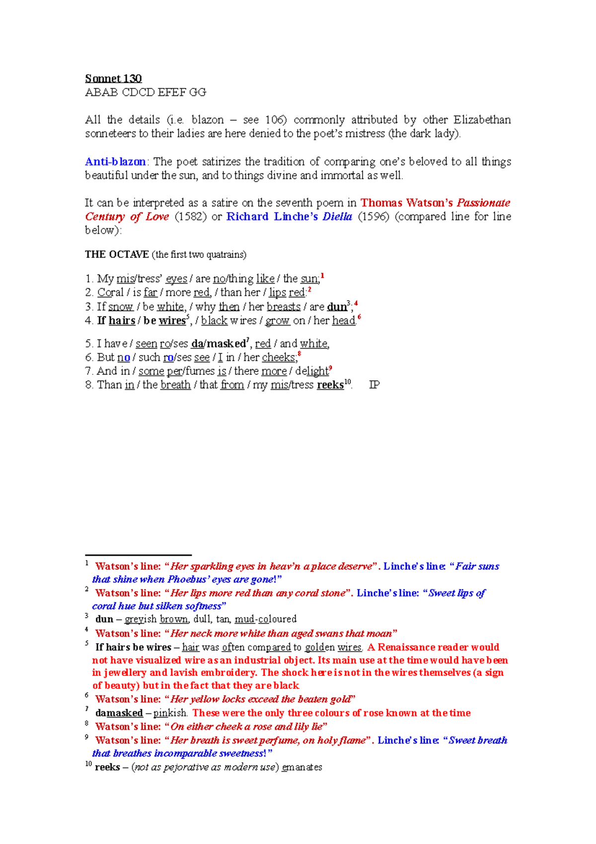 Sonnet 130 Shakespeare - Sonnet 130 ABAB CDCD EFEF GG All the details ...