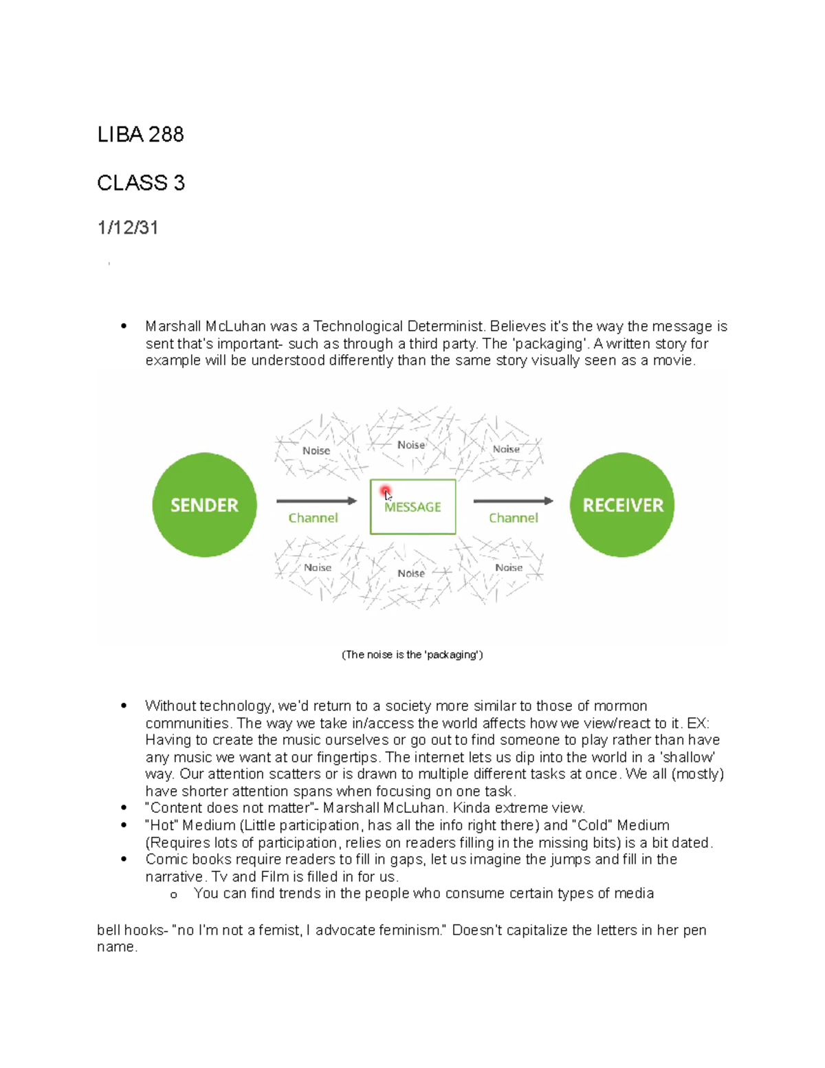 LIBA 288 Class 3-10 Notes - LIBA 288 CLASS 3 1/12/ Marshall McLuhan was ...