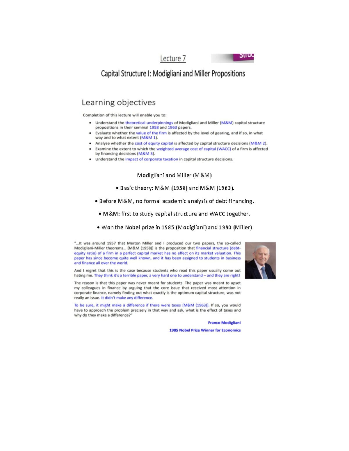 Corporate Finance Lecture 7 - Modigliani and Miller (M&M) Basic theory ...