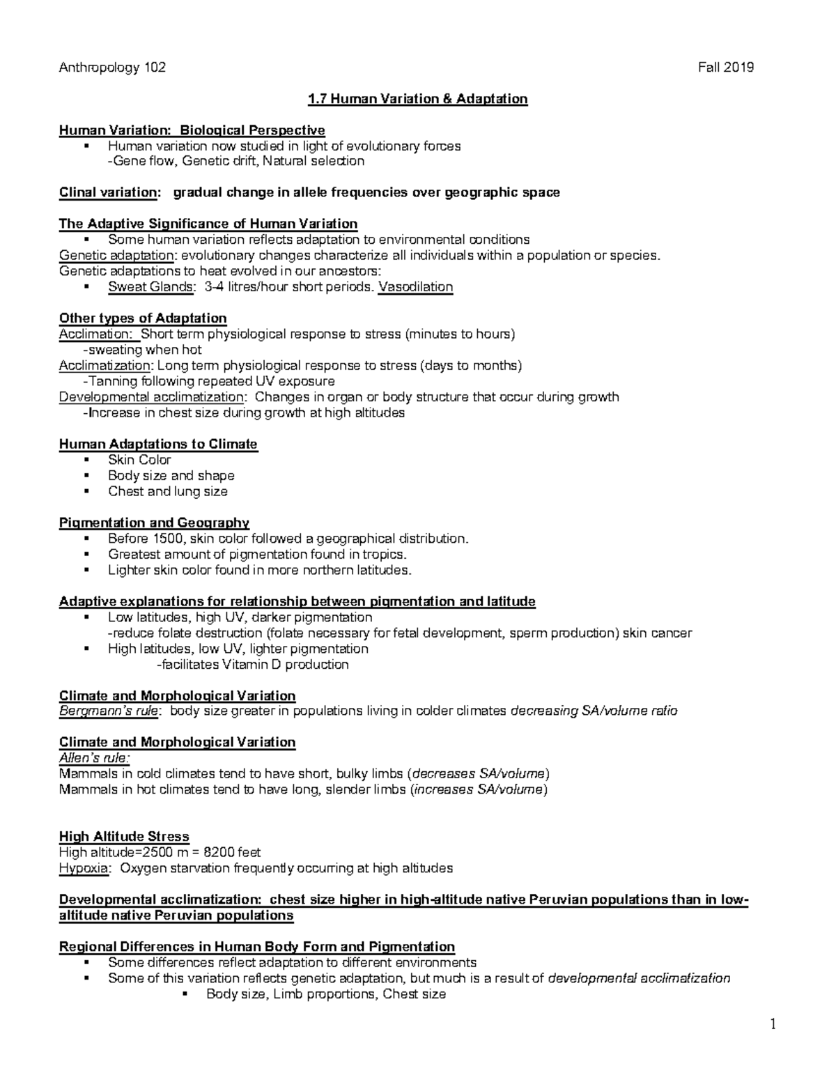 1.7. Human Variation and Adaptation - 1 Anthropology 102 Fall 2019 1 ...