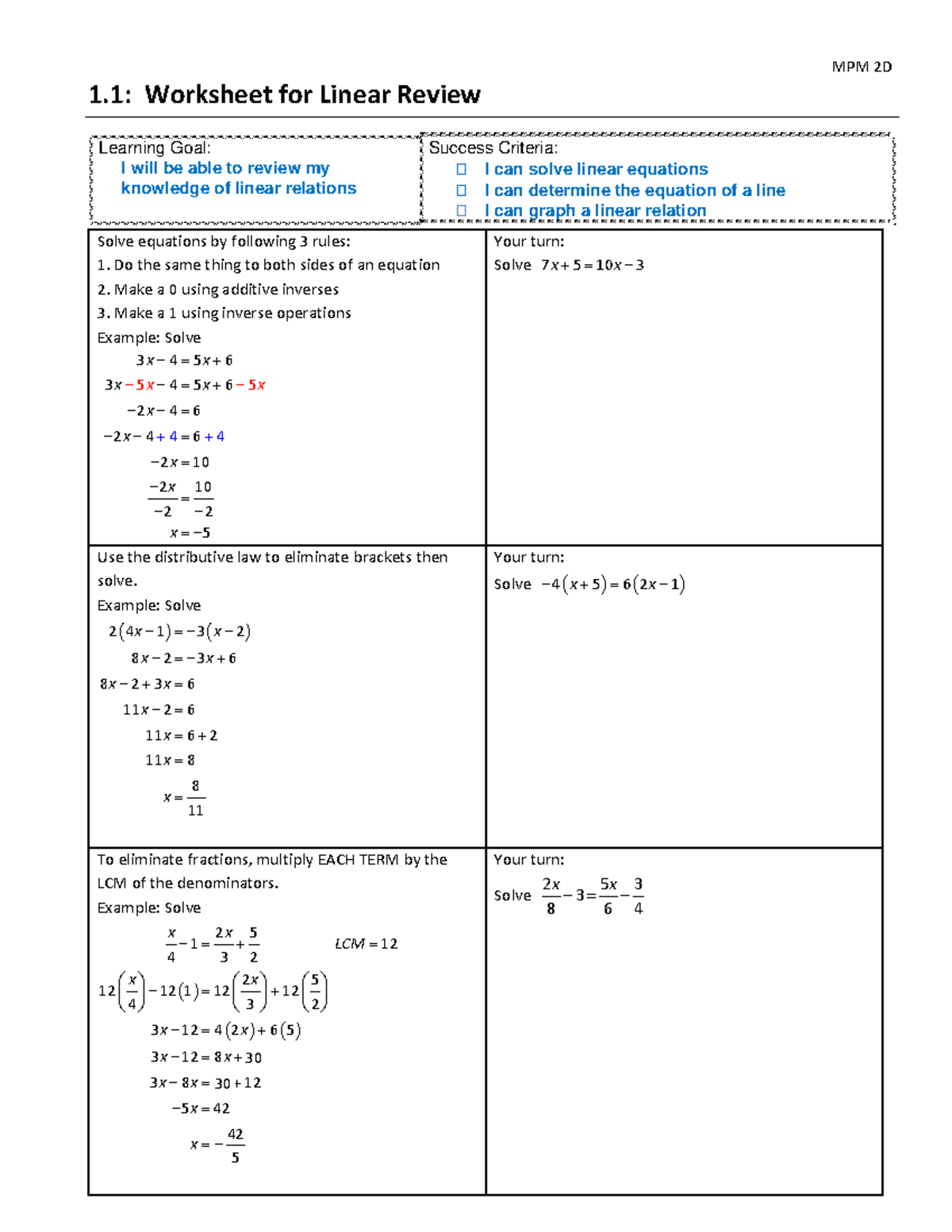1.1 Worksheet for Linear Review - MPM 2D 1: Worksheet for Linear Review ...